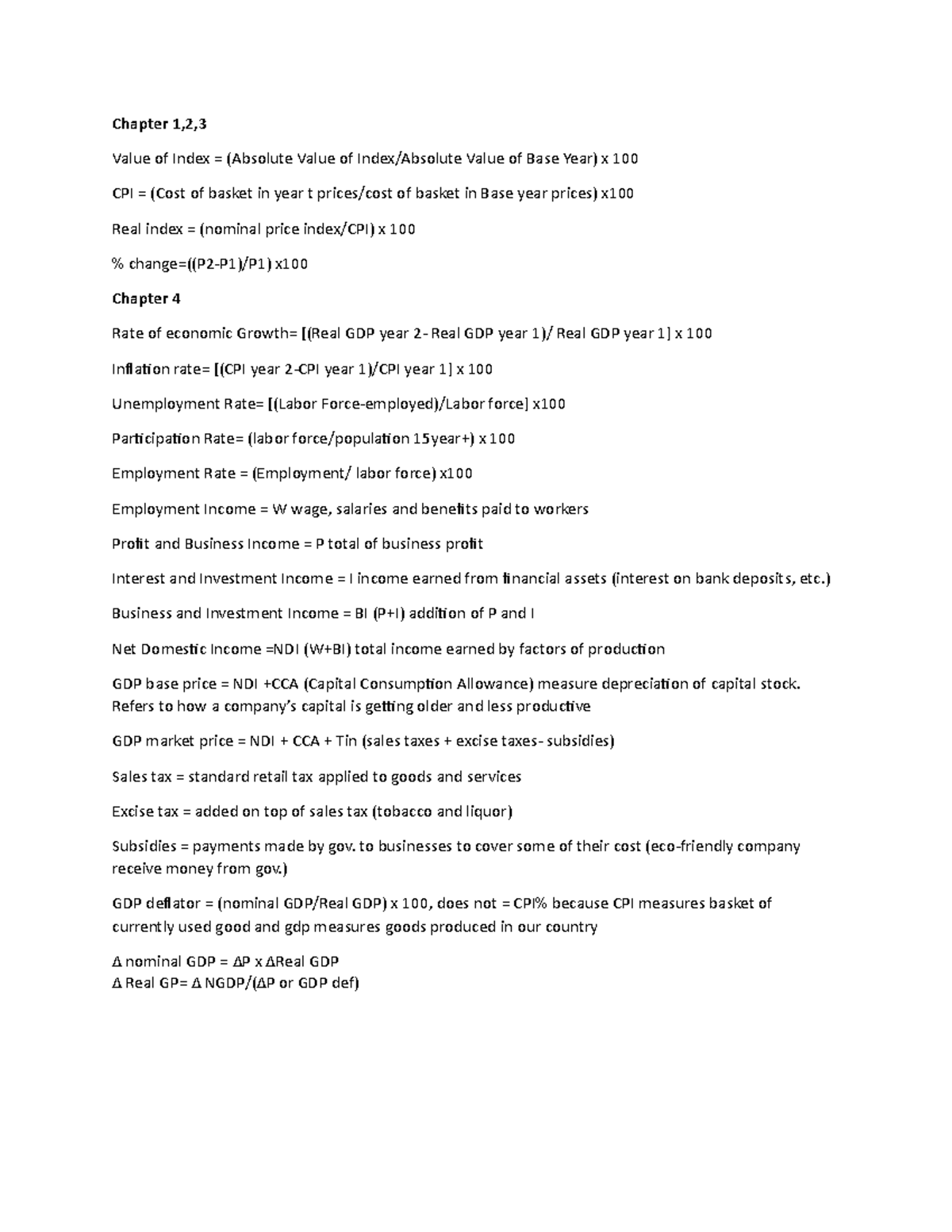 Econ 203 Notes With Formulas Chapter 1 2 Value Of Index Absolute