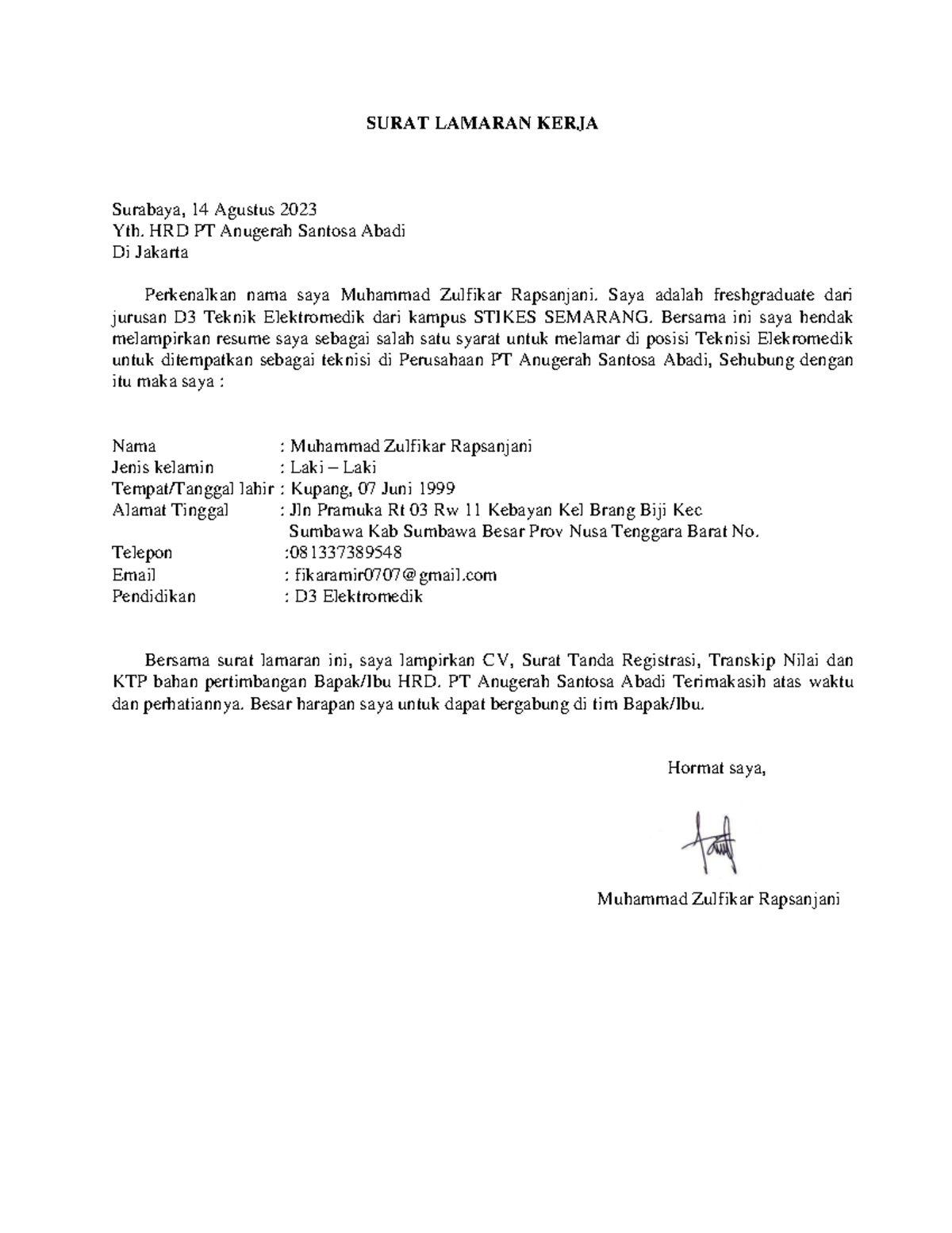 Surat Lamaran PT ASA - Sbbsbs - SURAT LAMARAN KERJA Surabaya, 14 ...