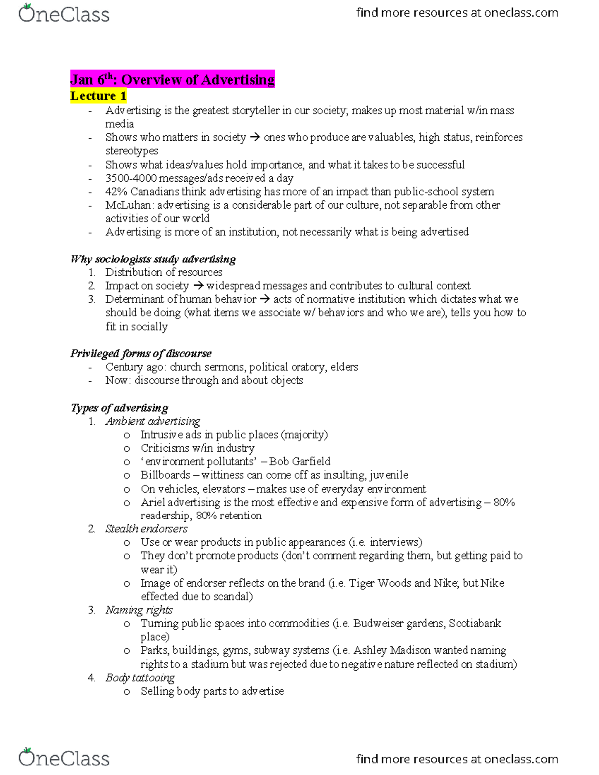 Midstudyguideupdated - Jan 6th: Overview of Advertising Lecture 1 ...