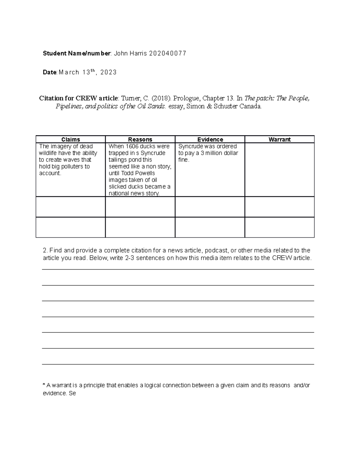 CREW Matrix - Lecture notes - Student Name/number: John Harris 2 0 2 0 ...