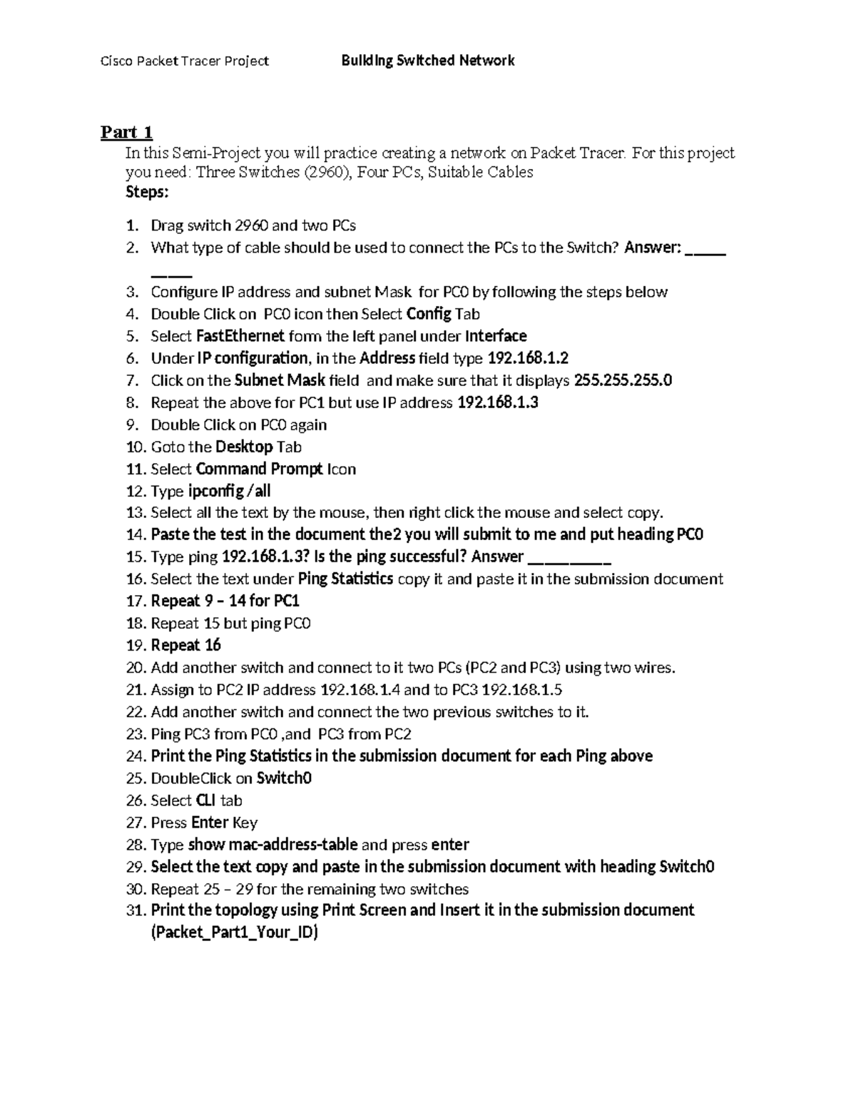 Packet Tracer Project (Two parts) - Cisco Packet Tracer Project ...