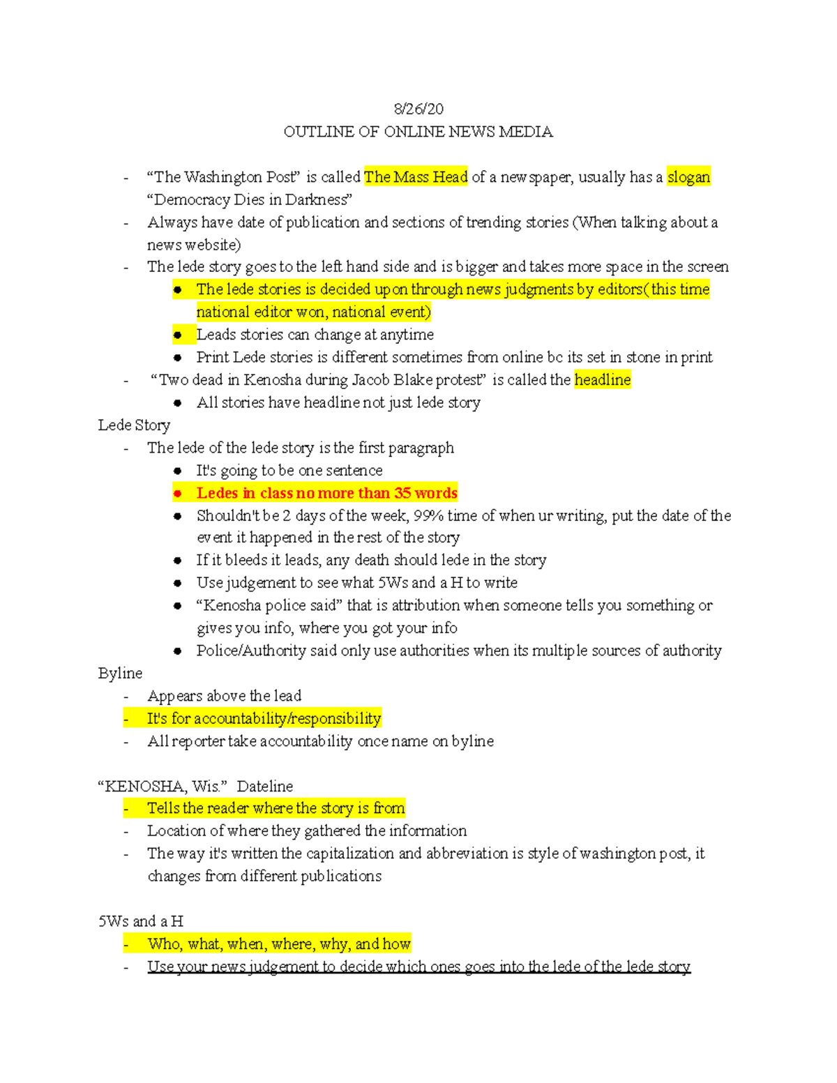 JOUR 120 Notes 8 26 20 - OUTLINE OF ONLINE NEWS MEDIA - 8/26/ OUTLINE ...