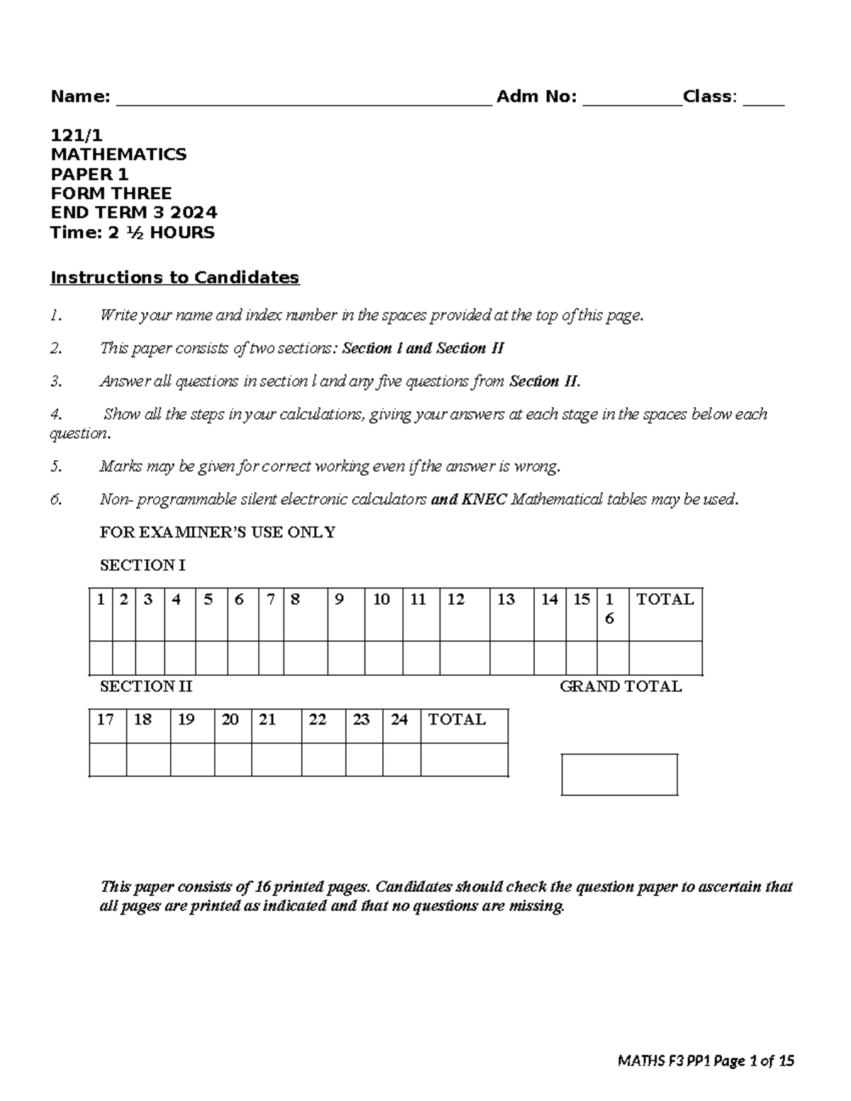 Mathematics F3 PP1 QS - for practice - Name