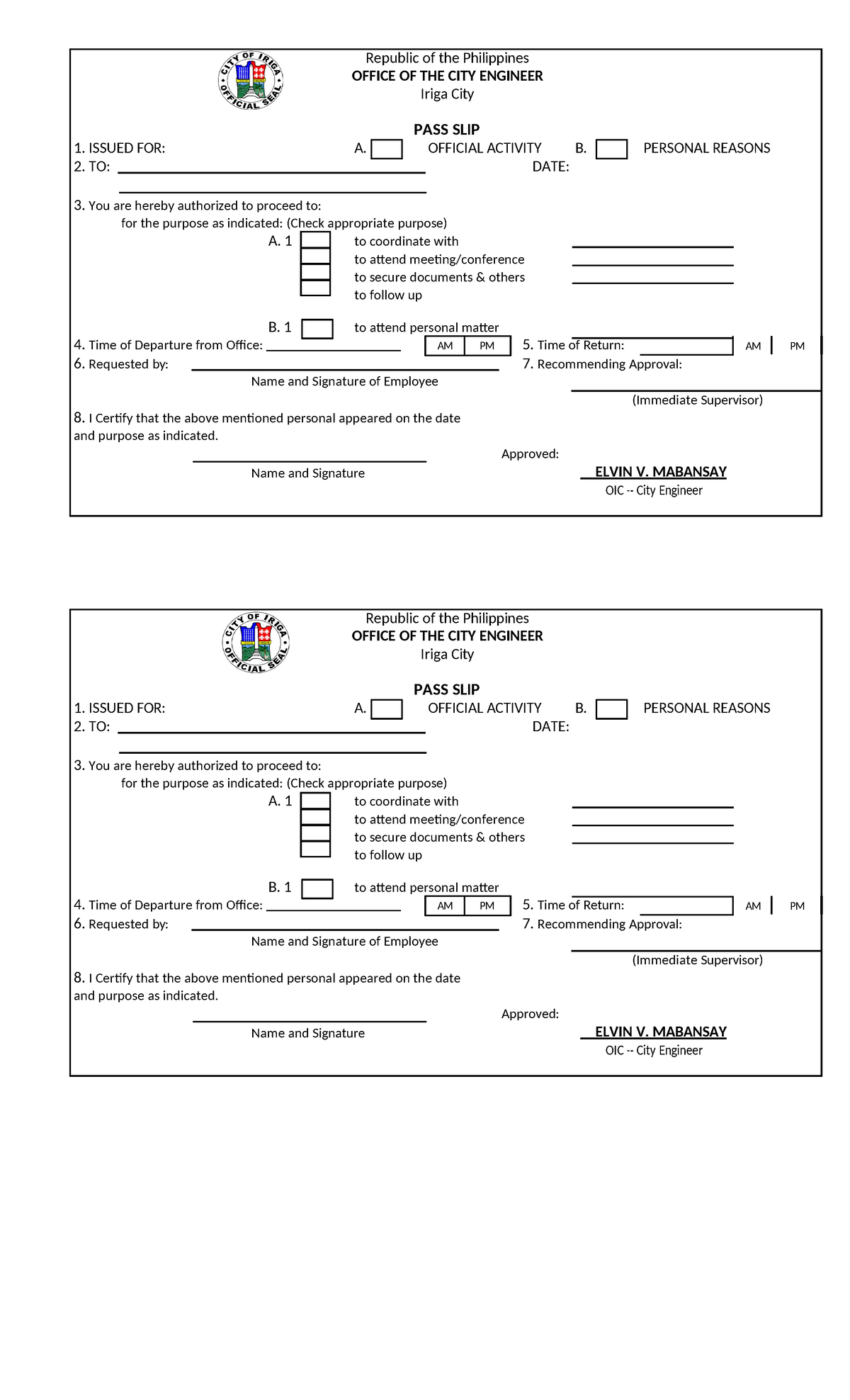 PASS-SLIP - pass slip - Republic of the Philippines OFFICE OF THE CITY ...