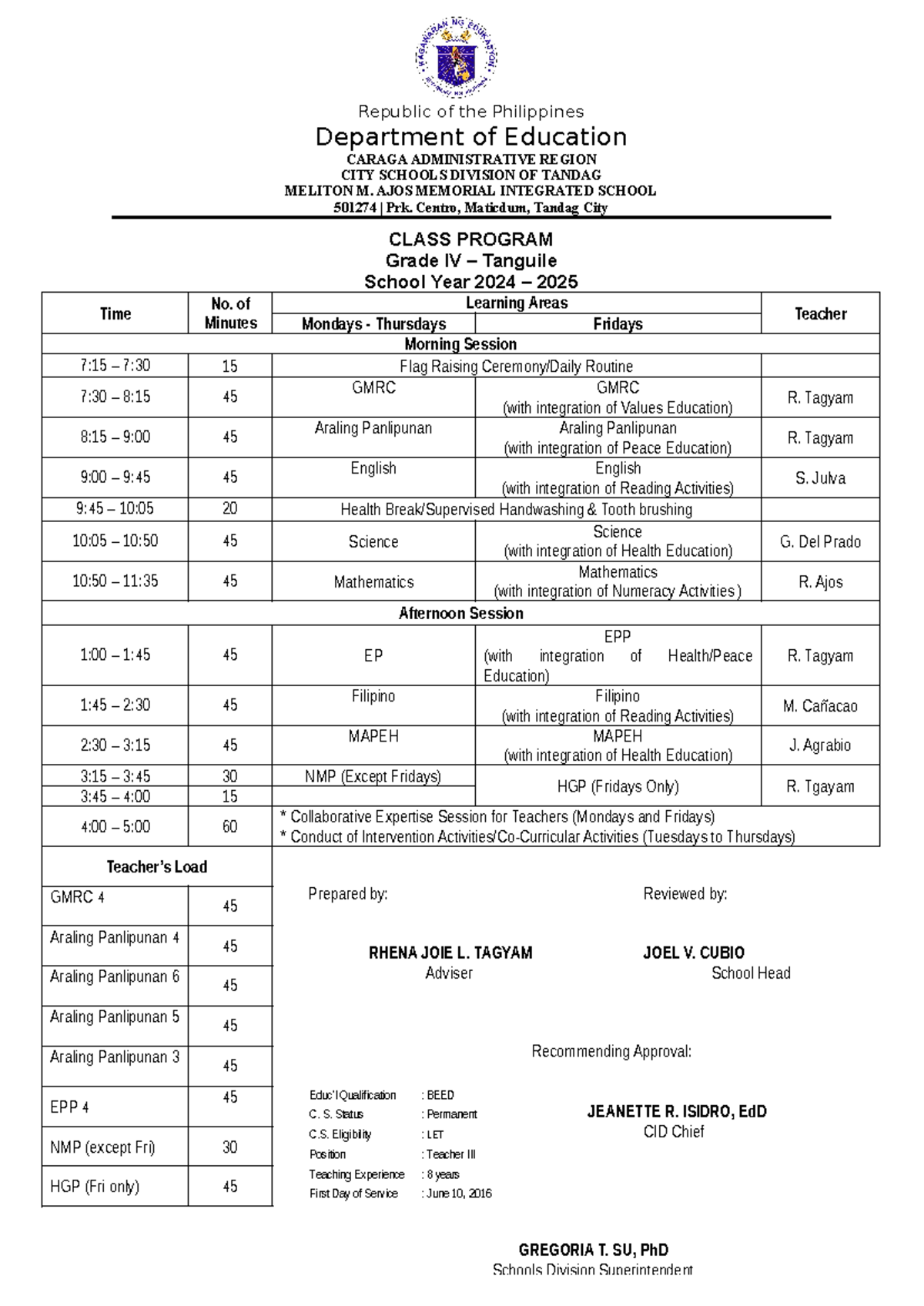 Grade 4 Tanguile Class Program 2024 2025 - Republic of the Philippines ...