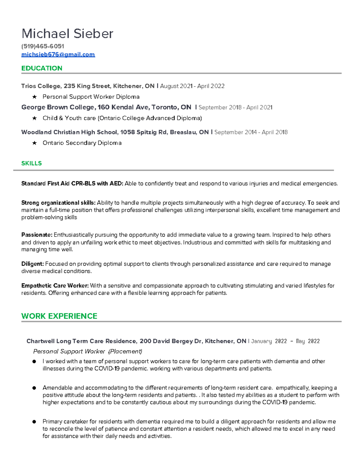 THE #1 - PSW Resume - Bsisvdiwbeiwvejebrbe rbr - Michael Sieber (519 ...