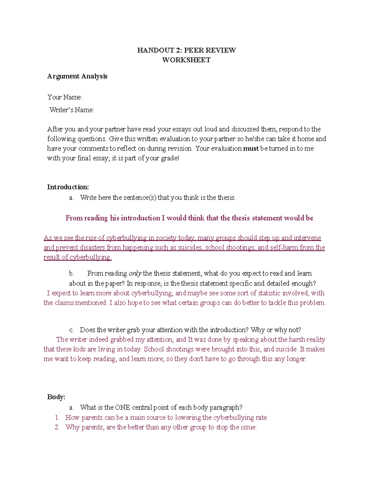 Peer Edit March 2023 - Peer edit template, with responses. - HANDOUT 2 ...