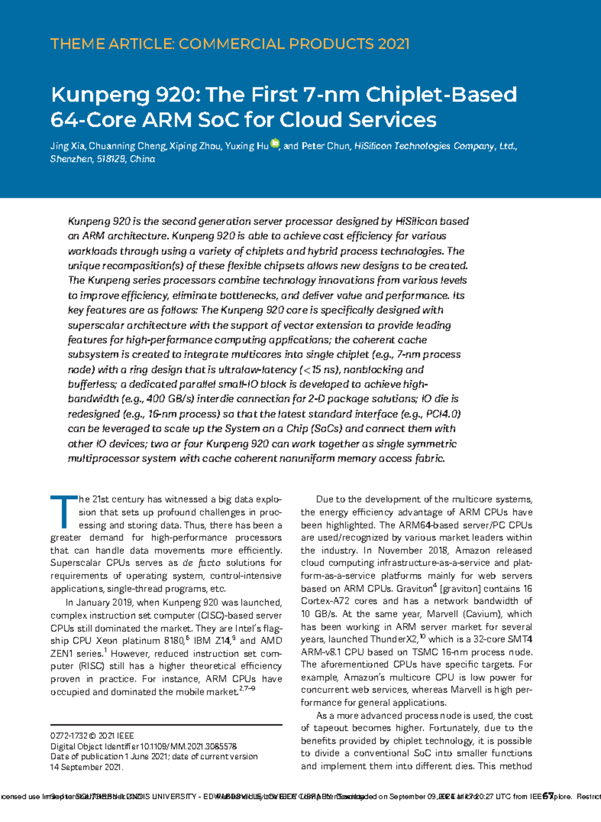 Kunpeng 920 The First 7-nm Chiplet-Based 64-Core ARM So C for Cloud Services - THEME ARTICLE ...