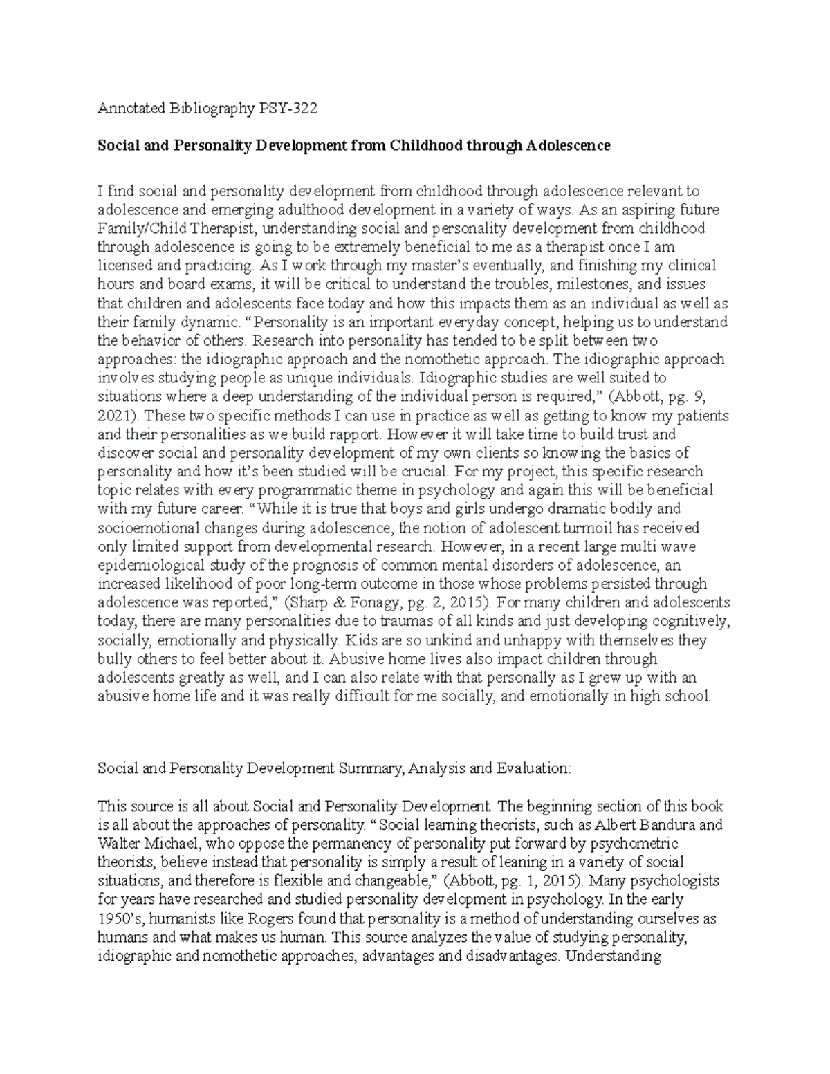 Annotated Bibliography PSY - Annotated Bibliography PSY- Social and ...