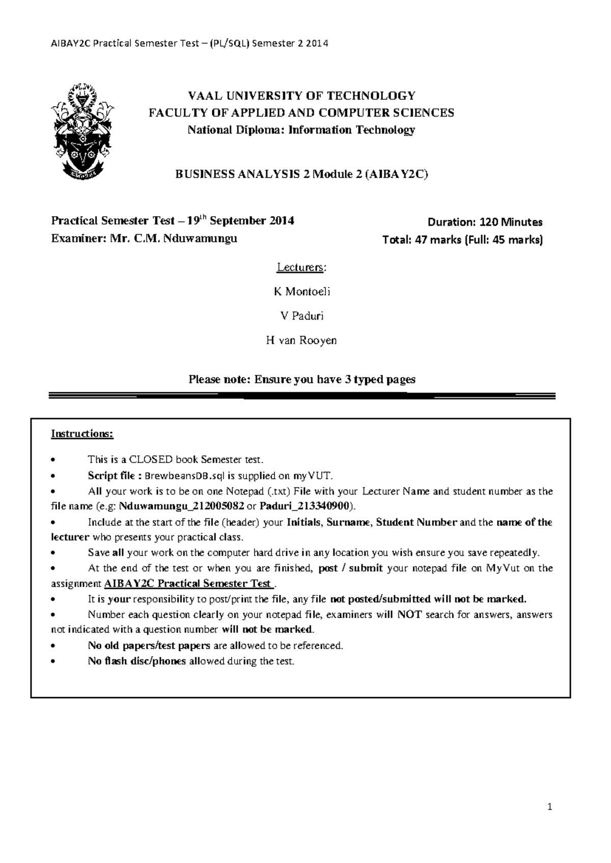 0 Aibay 2C Practical Semester Test 1 - 2014 2 - AIBAY2C Practical ...