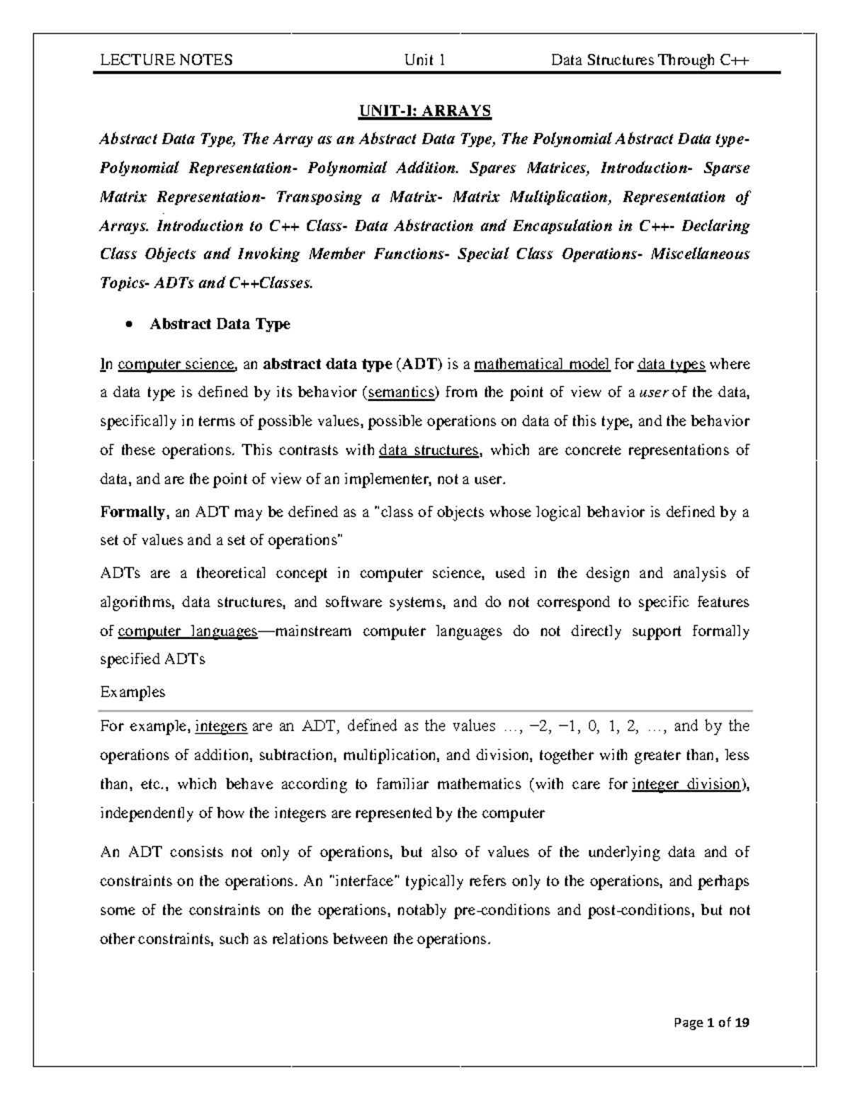 Lecture Notes - Unit 1 DS - UNIT-I: ARRAYS Abstract Data Type, The ...