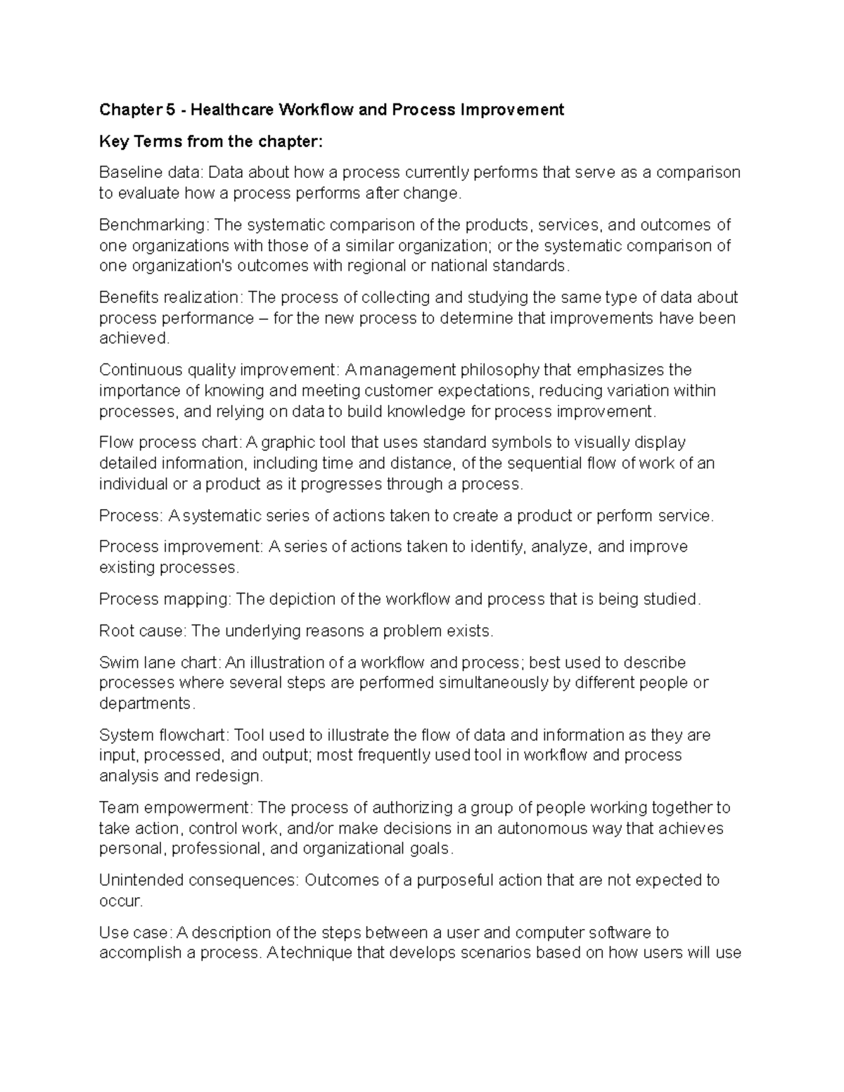 Chapter 5 - Key Terms - Chapter 5 - Healthcare Workflow and Process ...