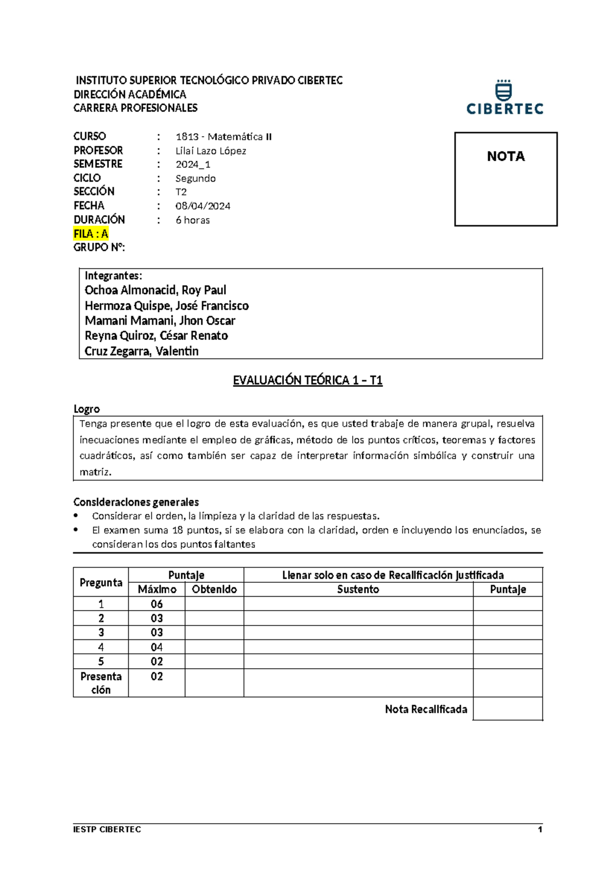 FILA A 1813 SP Matemática II T2XX 00 CT1 Lilai Lazo - ####### INSTITUTO ...