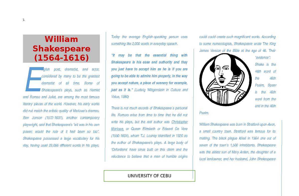 Course Work Exercise for CBMA students - William Shakespeare (1564-1616 ...