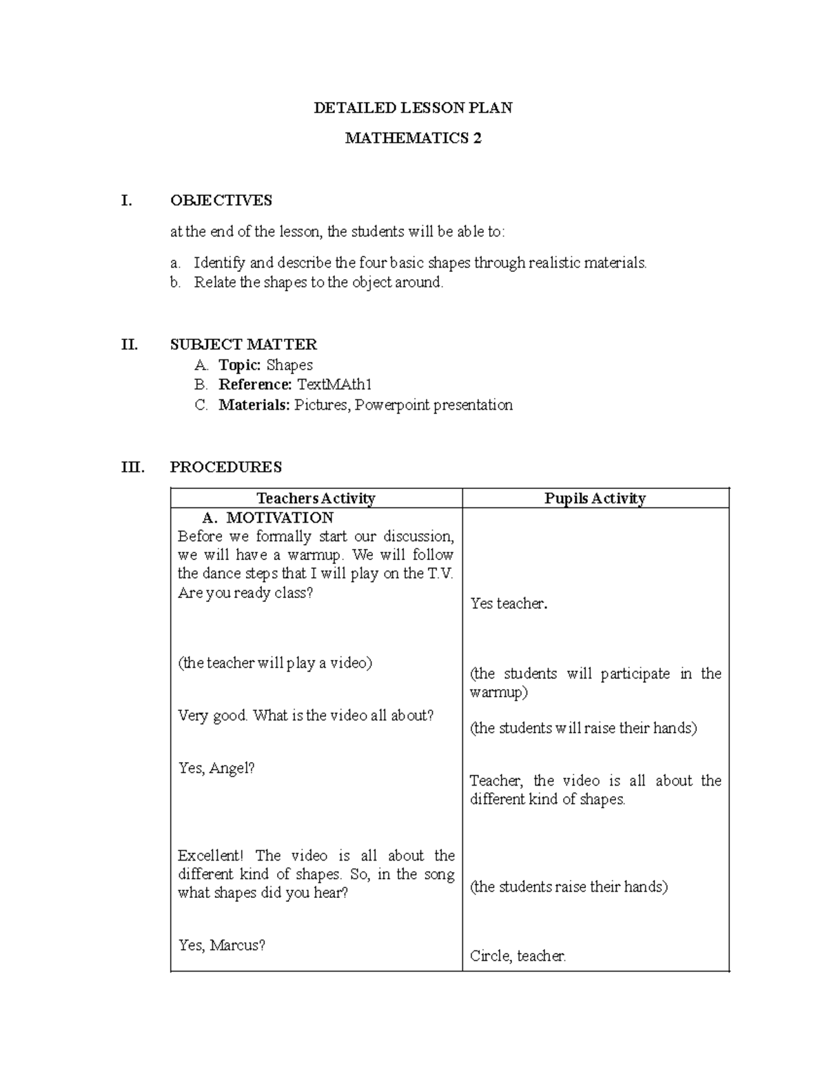 Detailed Lesson PLAN IN MATH 2 Shapes - DETAILED LESSON PLAN ...