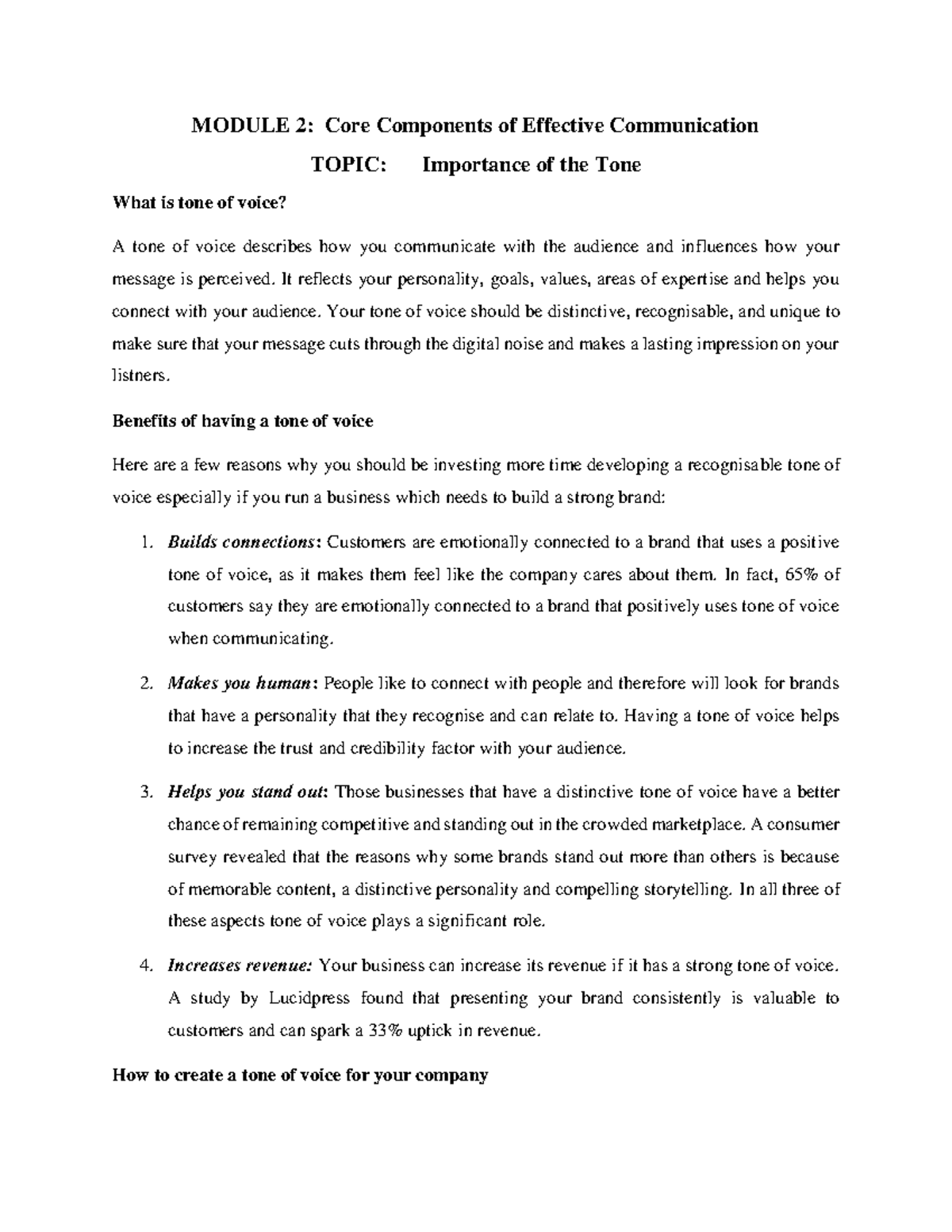 Lesson Eight - Importance OF THE TONE - MODULE 2: Core Components of ...