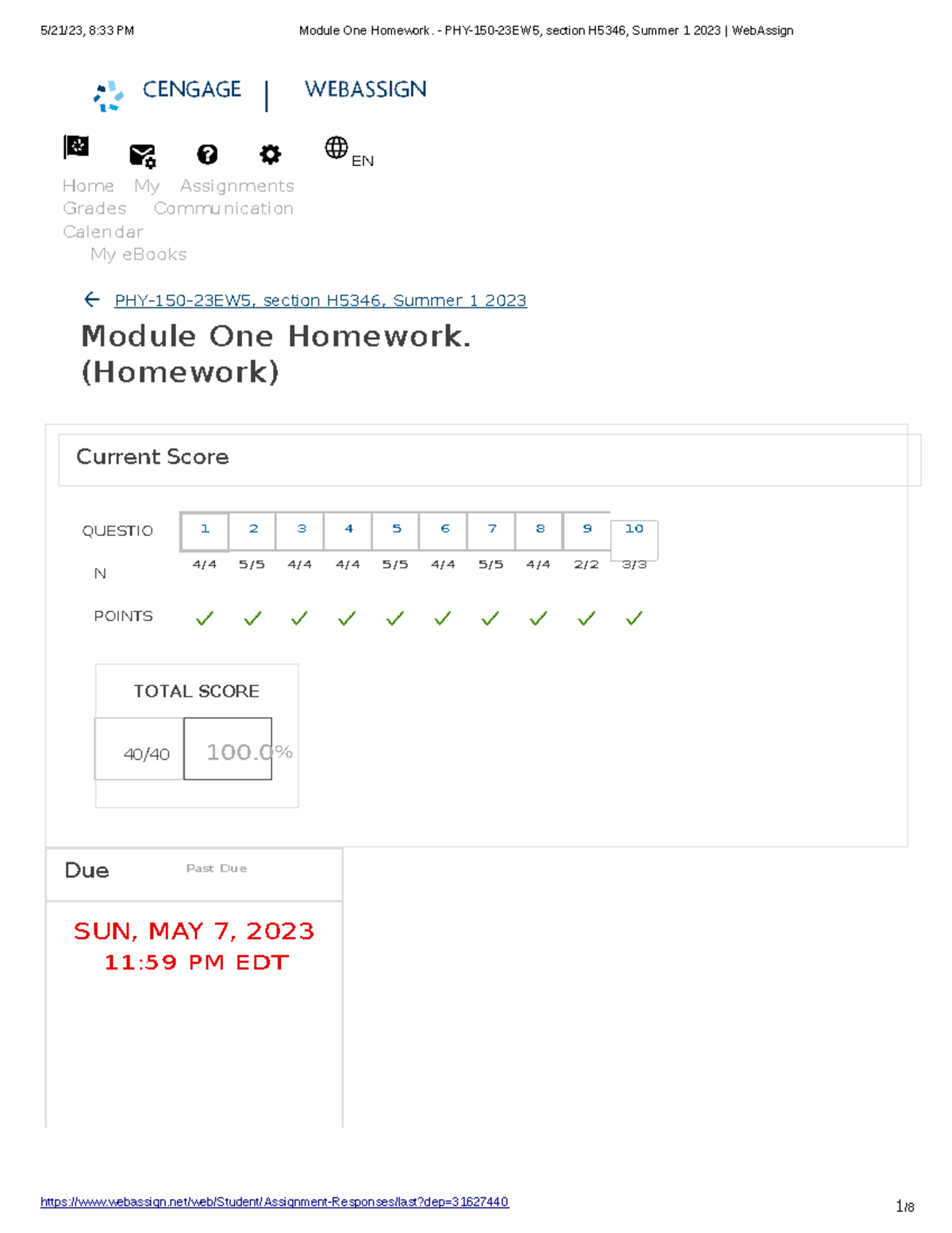 Module One Homework - PHY-150-23EW5, section H5346, Summer 1 2023 | WebAssign - Studocu