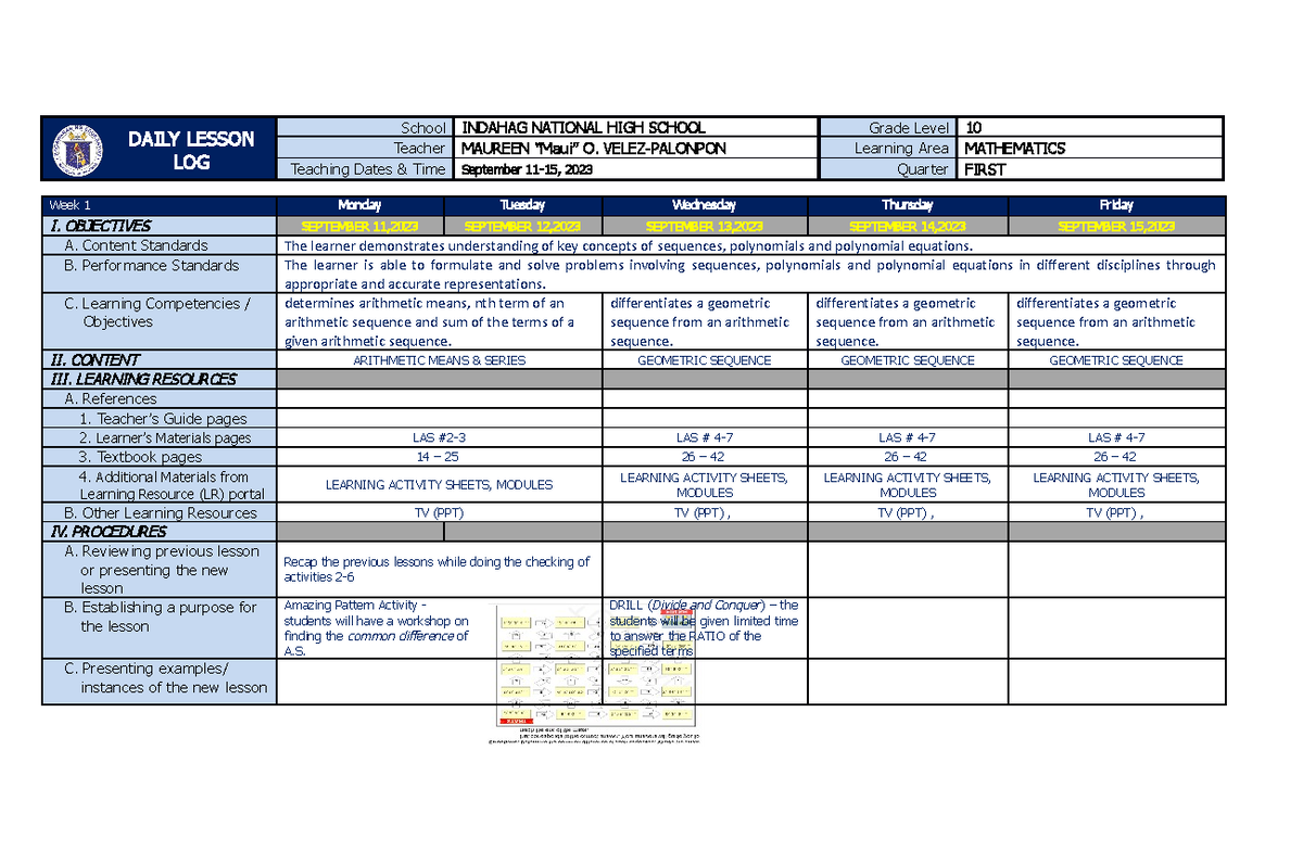 MATH DLL-1st Q-W2 - SAMPLE ONLY - DAILY LESSON LOG School INDAHAG ...