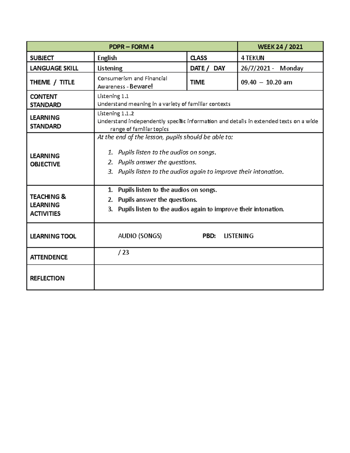 26.7 listening - PDPR – FORM 4 WEEK 24 / 2021 SUBJECT English CLASS 4 ...