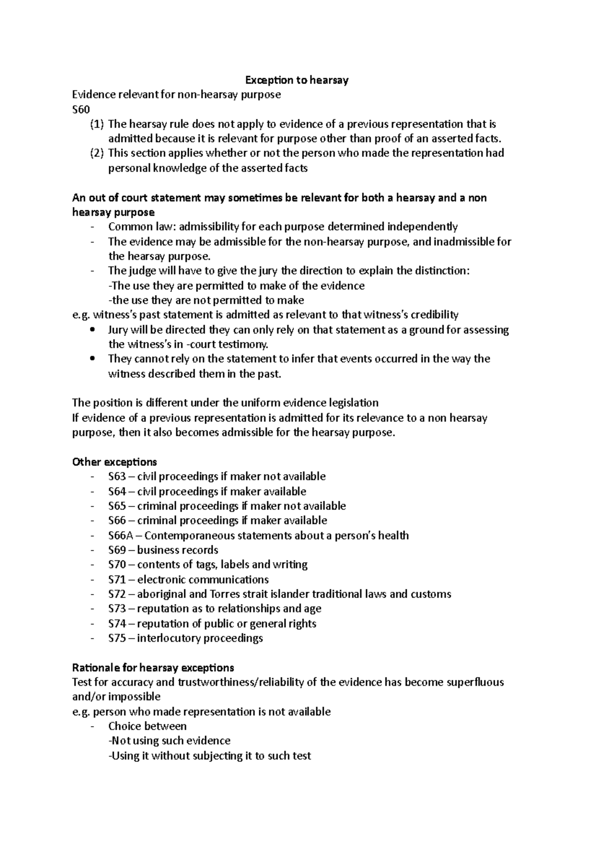 Exception to Hearsay - Lecture notes - Exception to hearsay Evidence ...