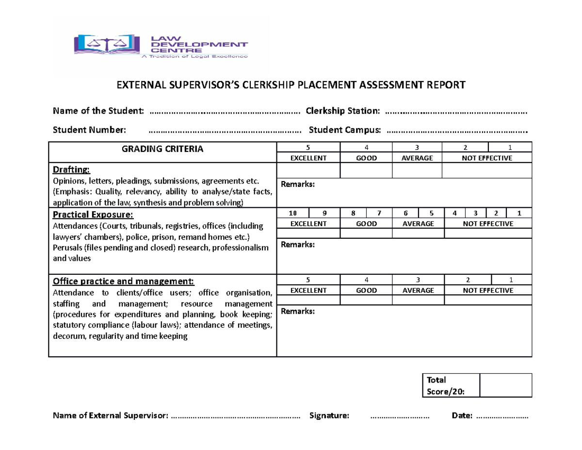External Supervisor report - EXTERNAL SUPERVISOR’S CLERKSHIP PLACEMENT ...