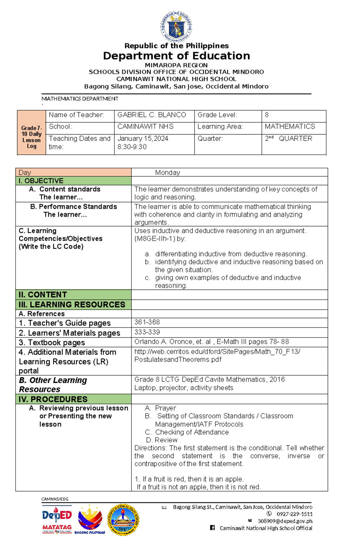 COT 2 - Inductive AND Deductive - Bagong Silang St., Caminawit, San ...