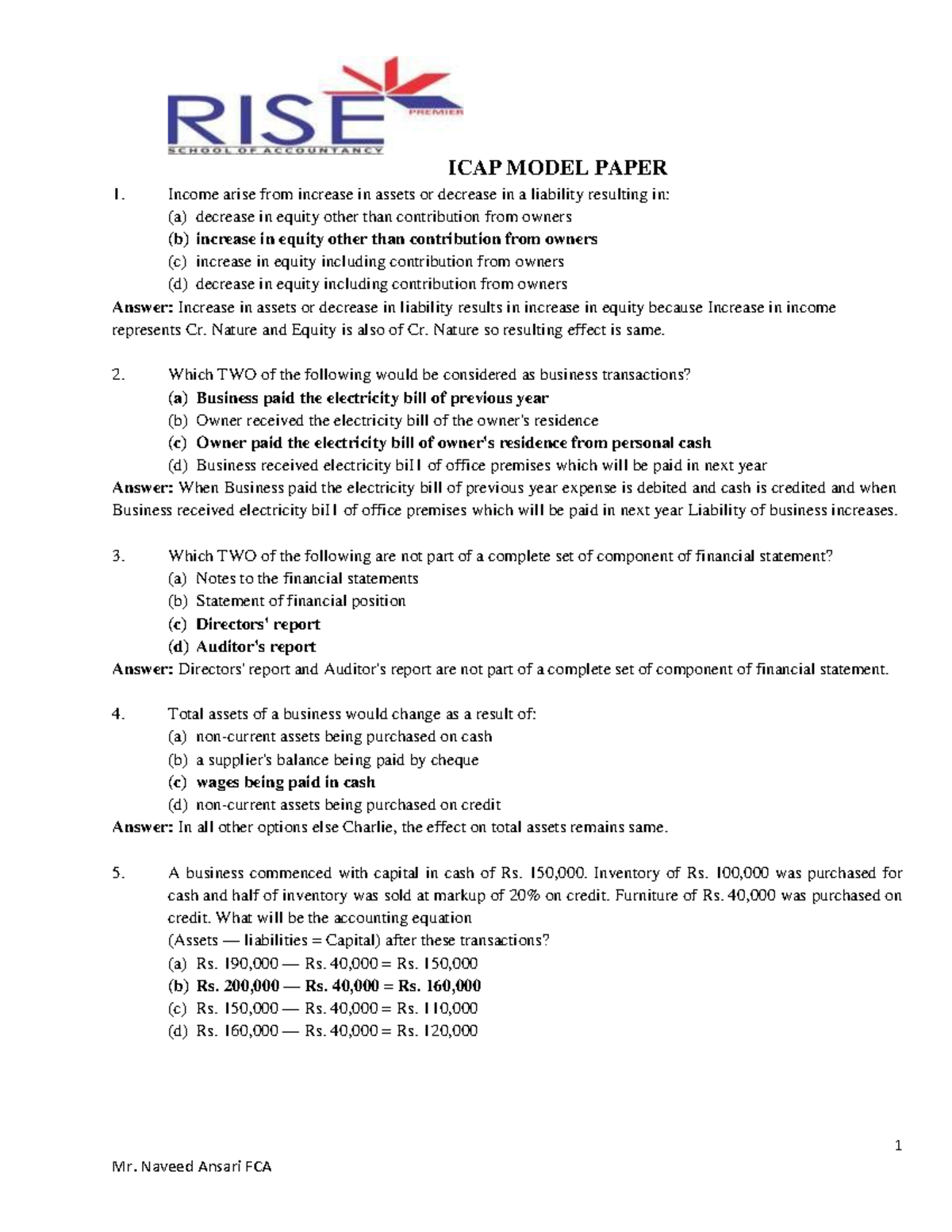 RISE ITA Model Paper Solution - 1 ICAP MODEL PAPER Income arise from ...