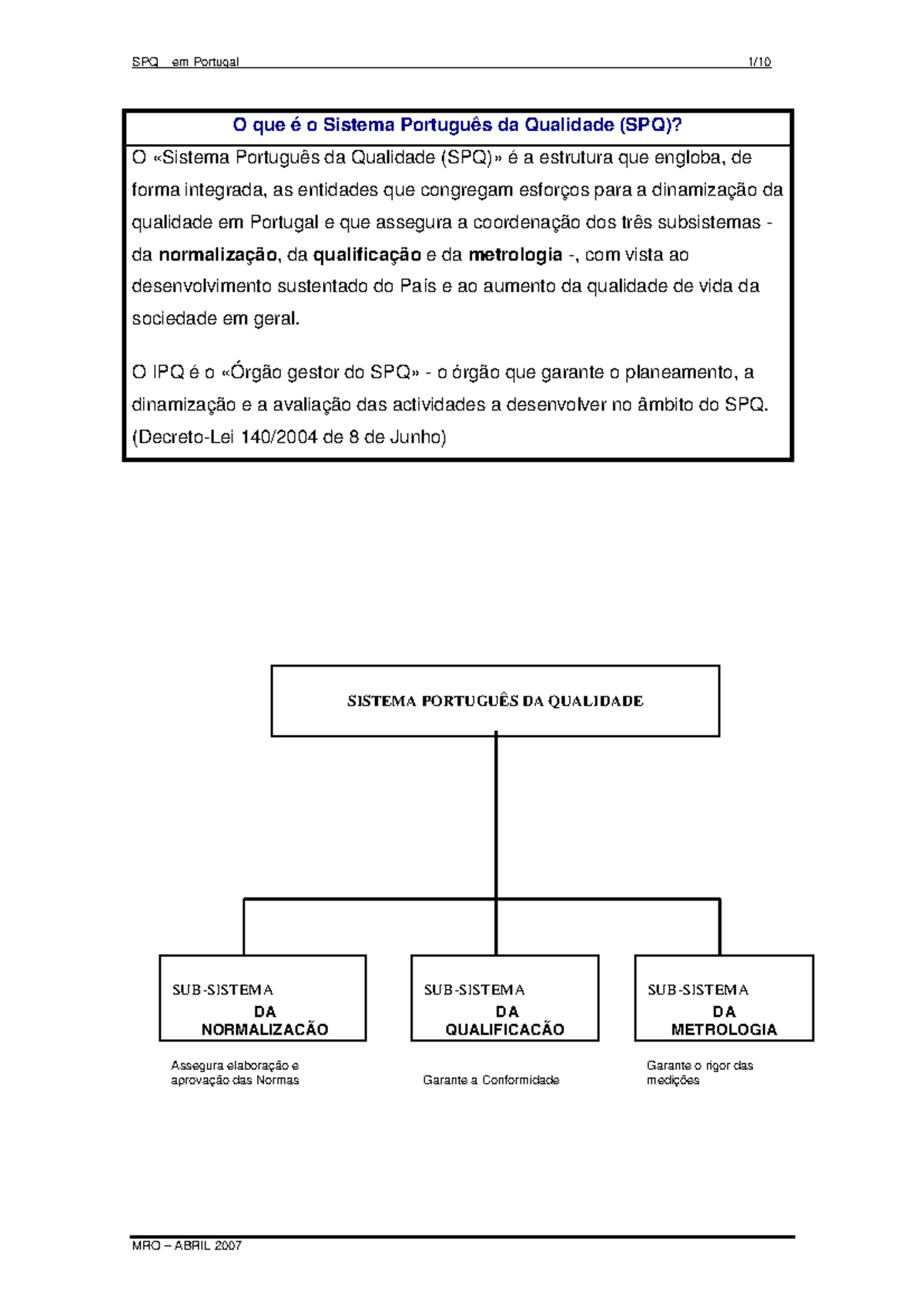 SPQ Abril 07 - resumos aulas - O que é o Sistema Português da Qualidade ...