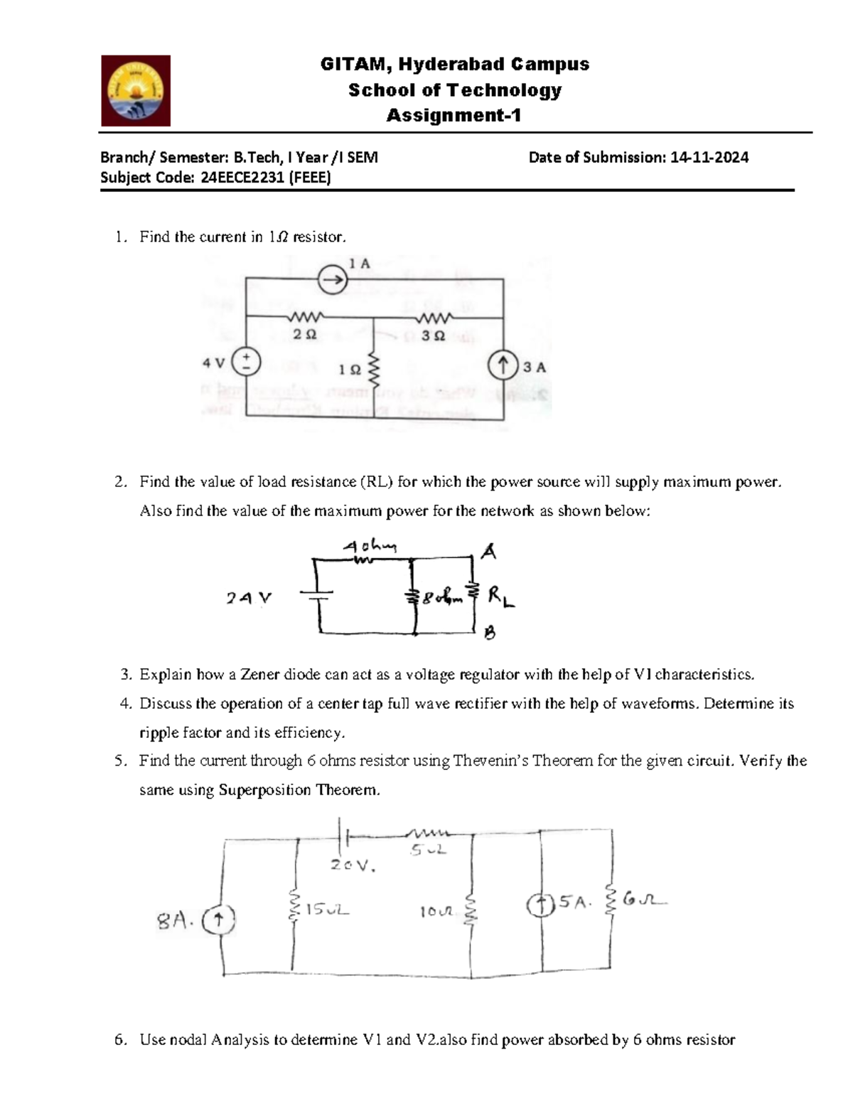 FEEE Assignment 1 - segsmdfyg - GITAM, Hyderabad Campus School of ...