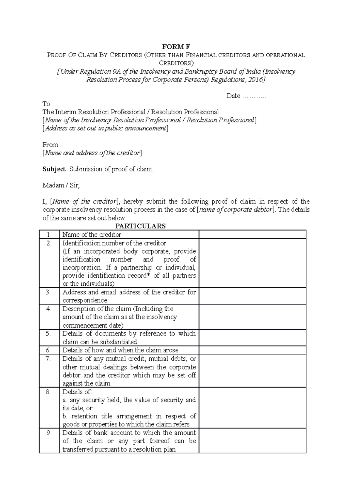 Nclat - Form F for claim procedure - FORM F PROOF OF CLAIM BY CREDITORS (OTHER THAN FINANCIAL ...