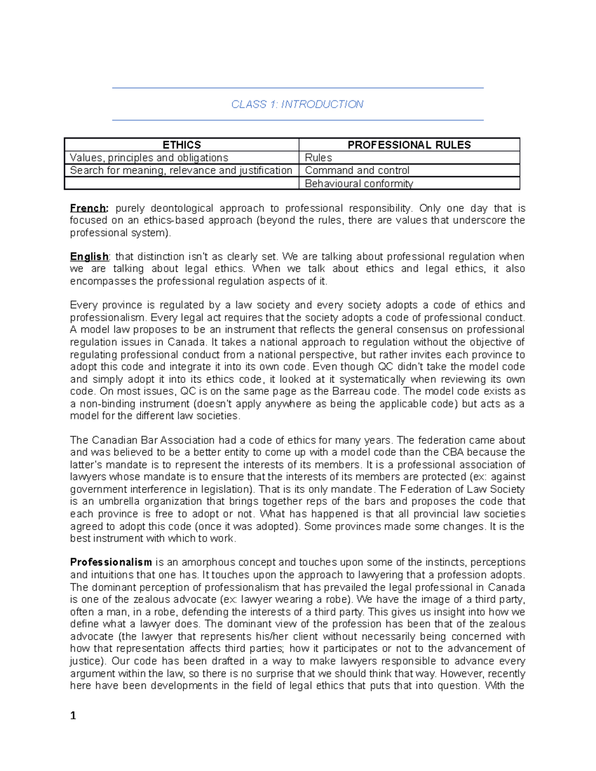 Ethics notes - CLASS 1: INTRODUCTION ETHICS PROFESSIONAL RULES Values ...