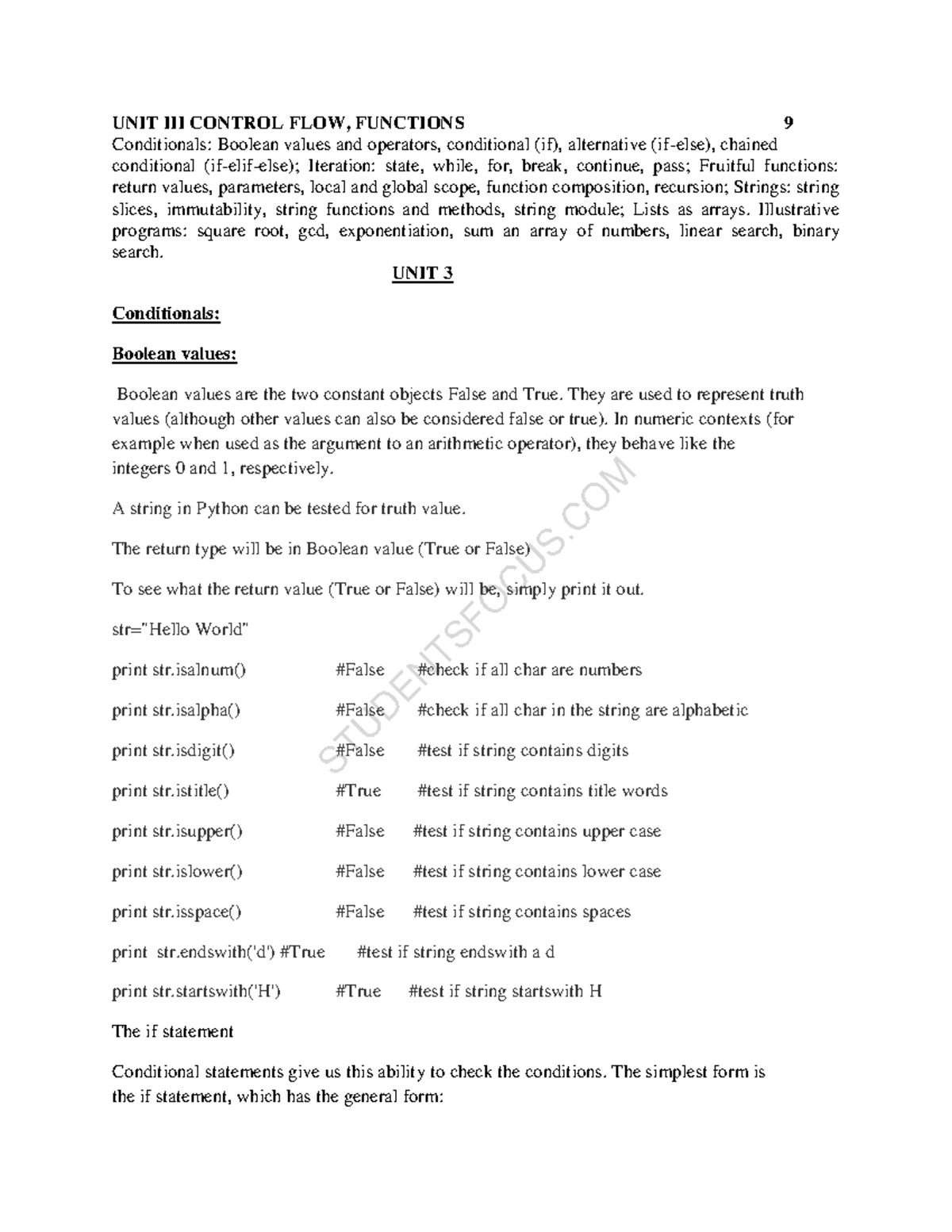 Problem Solving and Python Programming part 3 - STUDENTSFOCUS UNIT III CONTROL FLOW, FUNCTIONS 9 ...