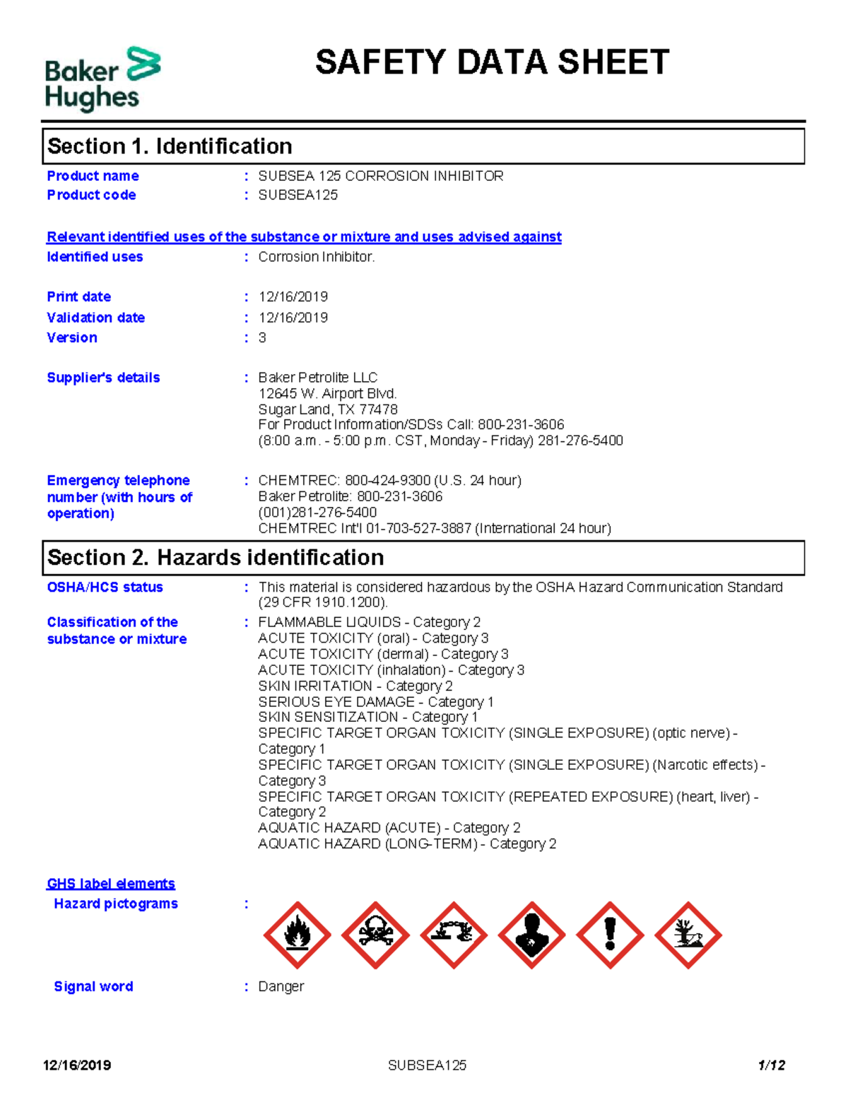 Corrosion Inhibitor Subsea 125-MSDS - Product name SUBSEA 125 CORROSION ...