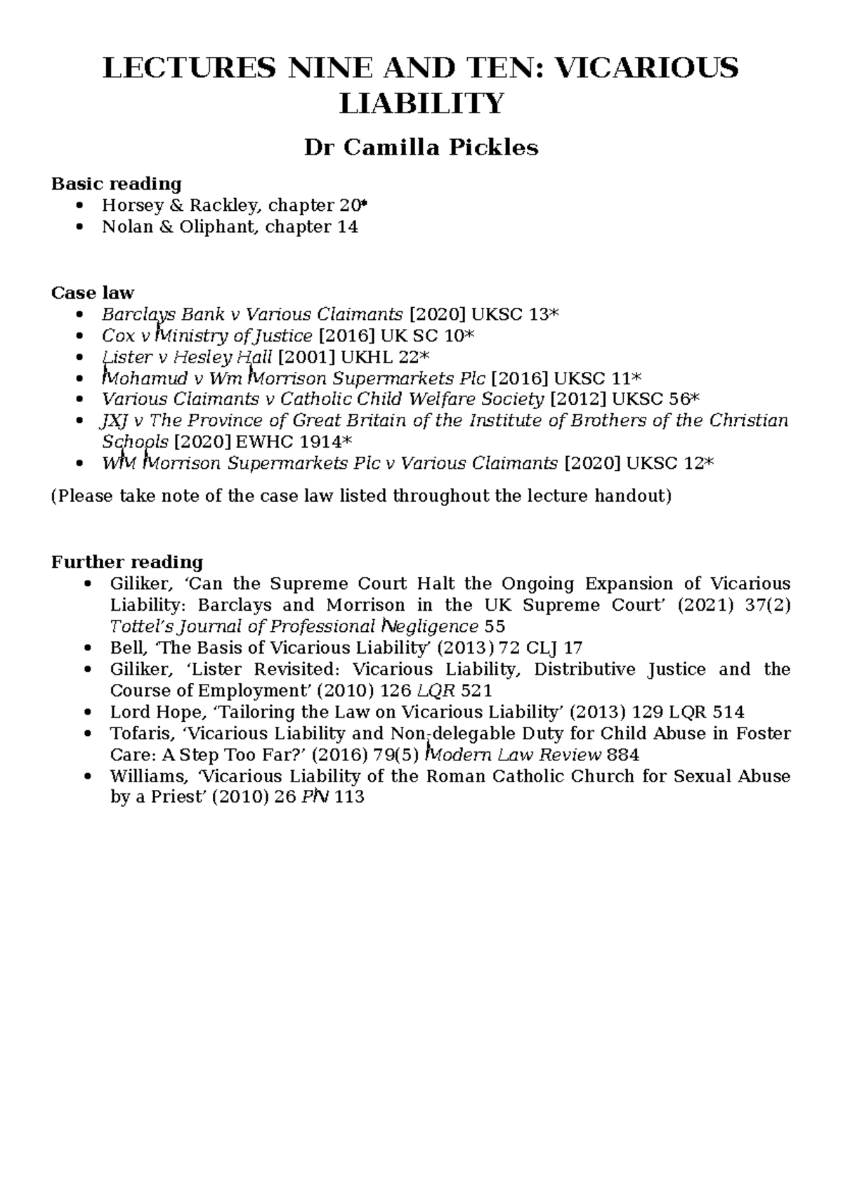 L9-10 Tort Law - n/a - LECTURES NINE AND TEN: VICARIOUS LIABILITY Dr ...