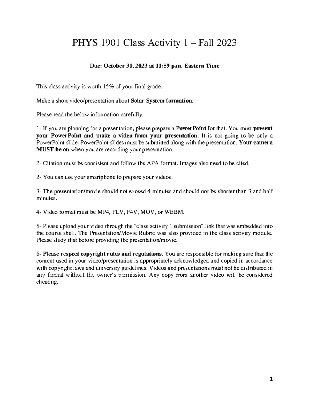 PHYS 1901 F2023 Class Activity - 1 PHYS 190 1 Class Activity 1 – Fall 2023 Due: October 31 ...