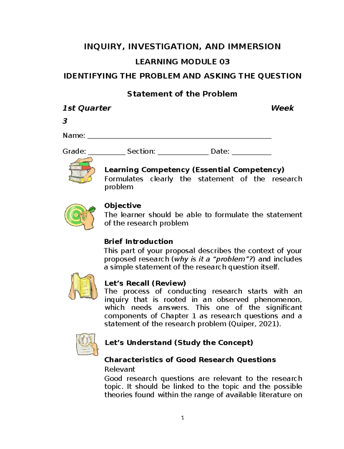 III Q1 Module-3 Week-3 - summary notes for III - INQUIRY, INVESTIGATION ...