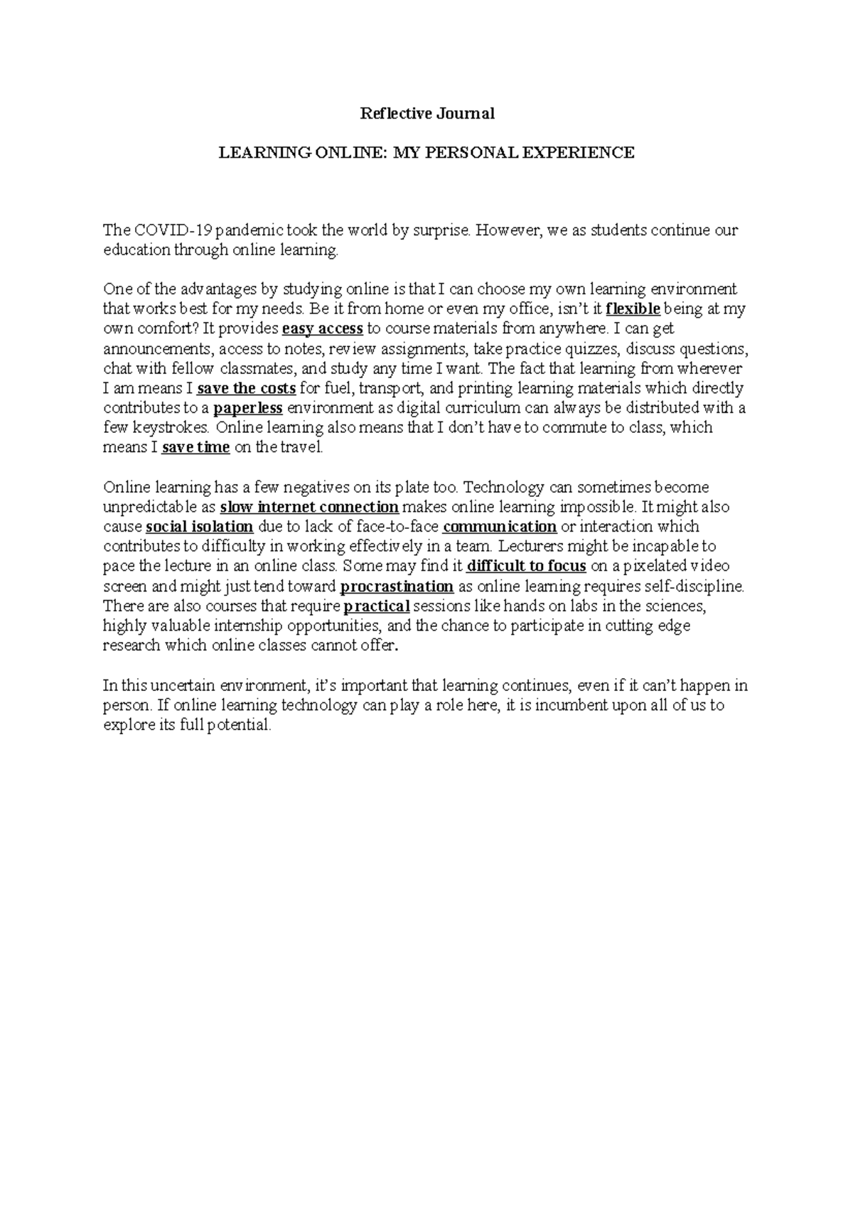 Reflective Journal - However, we as students continue our education ...