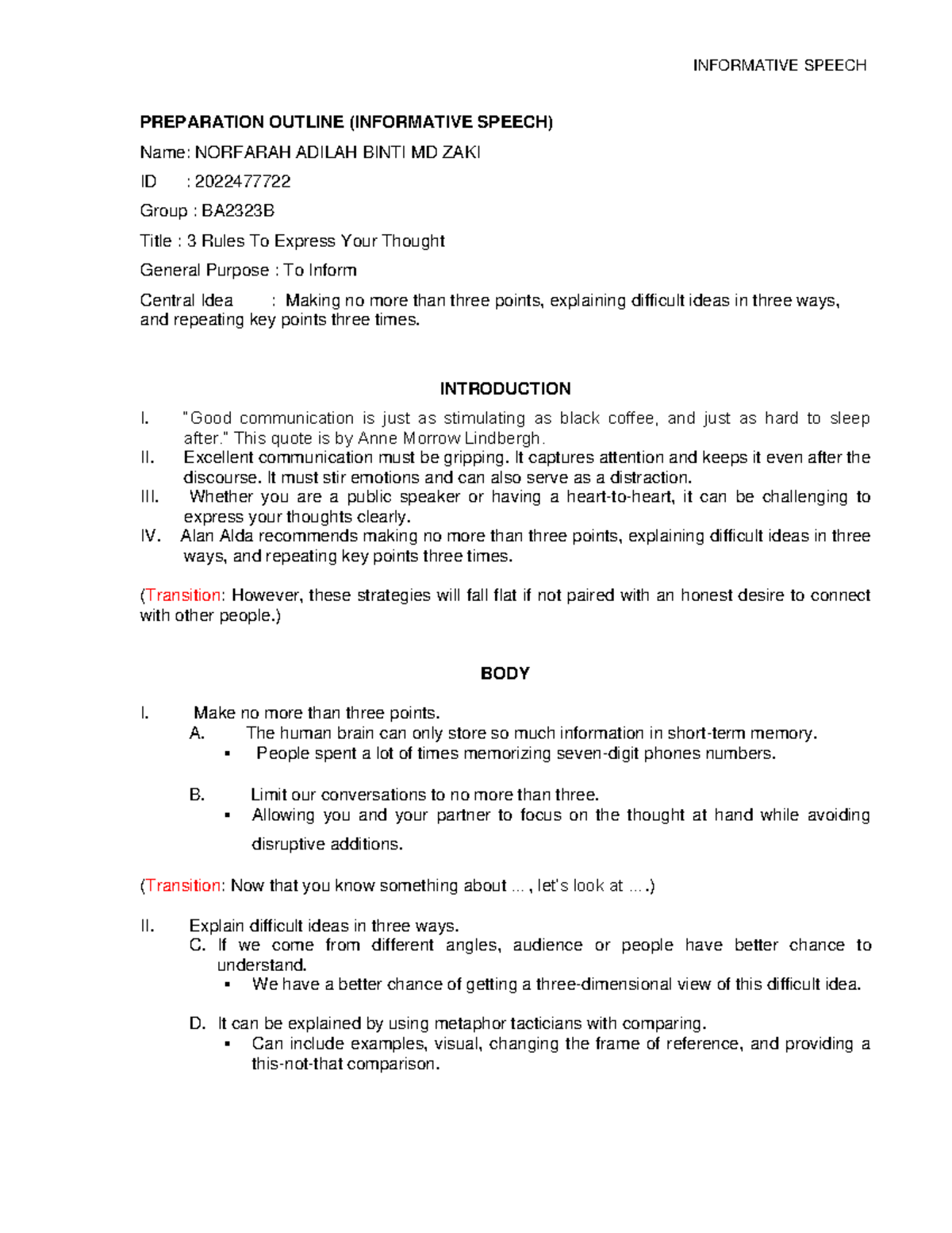 Informative speech outline - INFORMATIVE SPEECH PREPARATION OUTLINE ...