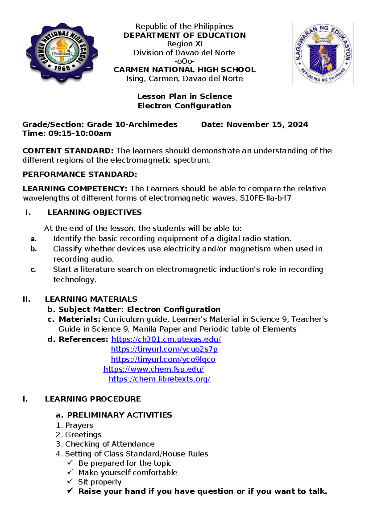 Dlp 10 w1 - a teachers guide in science 10 - Republic of the ...