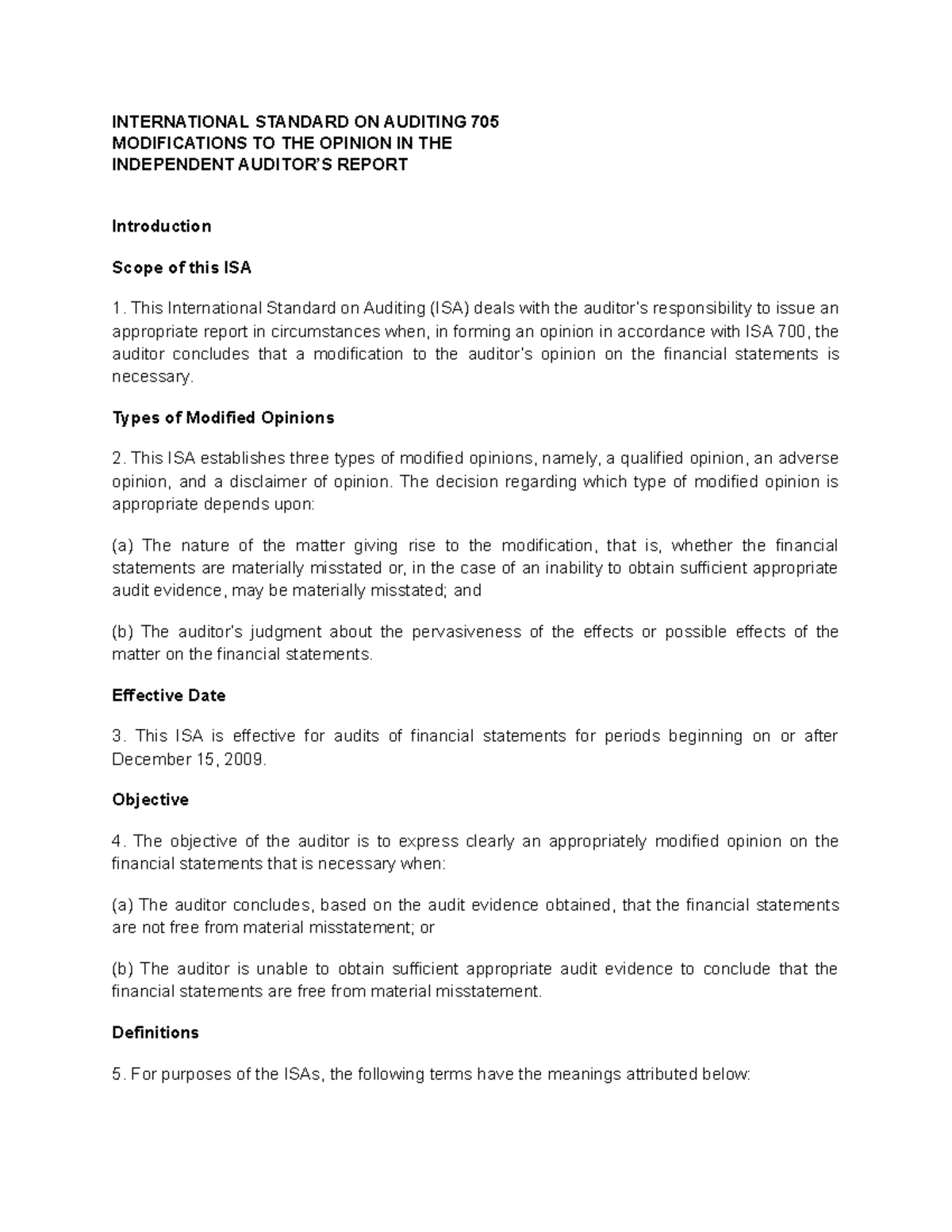 Modifications TO THE Opinion - Intro - INTERNATIONAL STANDARD ON AUDITING 705 MODIFICATIONS TO ...