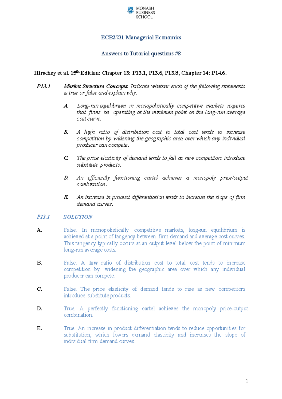 Answers to tutorial questions #8 monopolistic competition and oligopoly ...