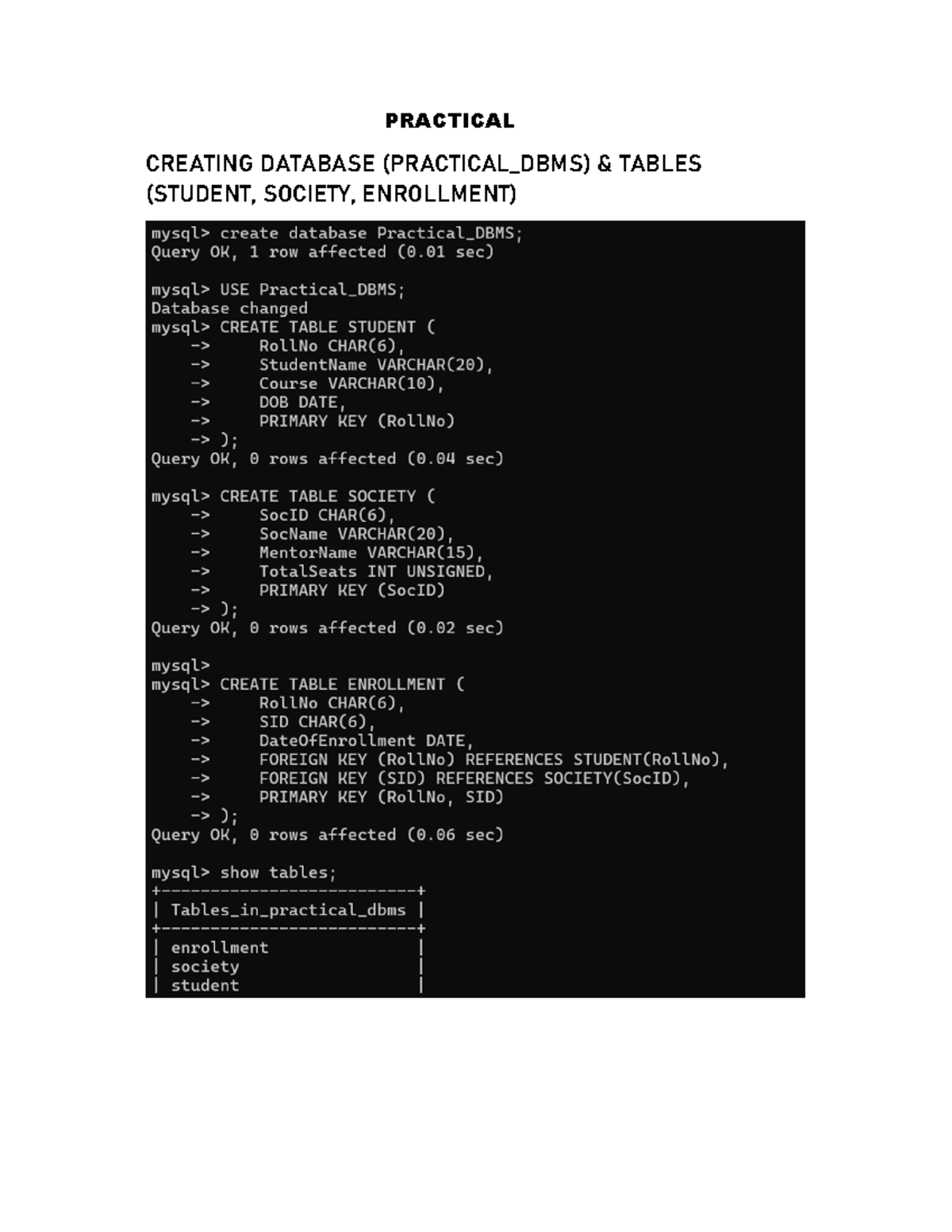 DBMS Practical 22HCS4171 Danish - PRACTICAL CREATING DATABASE (PRACTICAL_DBMS) & TABLES - Studocu