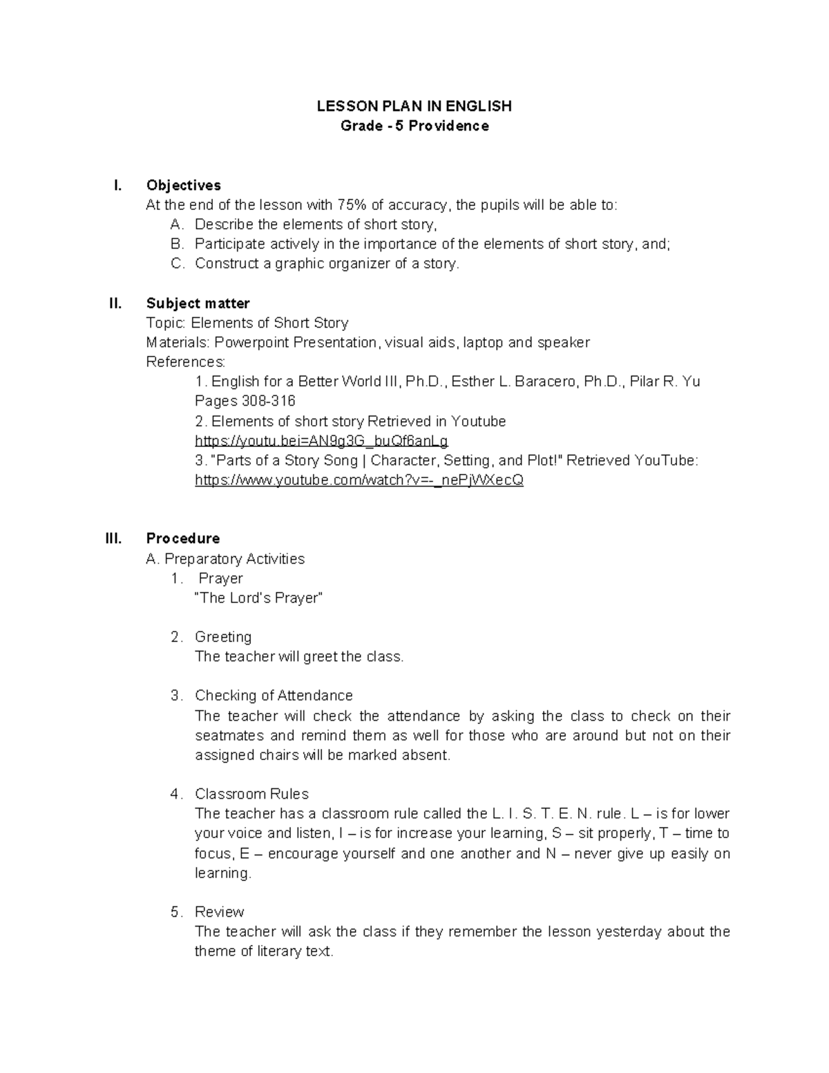 Lesson PLAN IN English- Literature - LESSON PLAN IN ENGLISH Grade - 5 ...