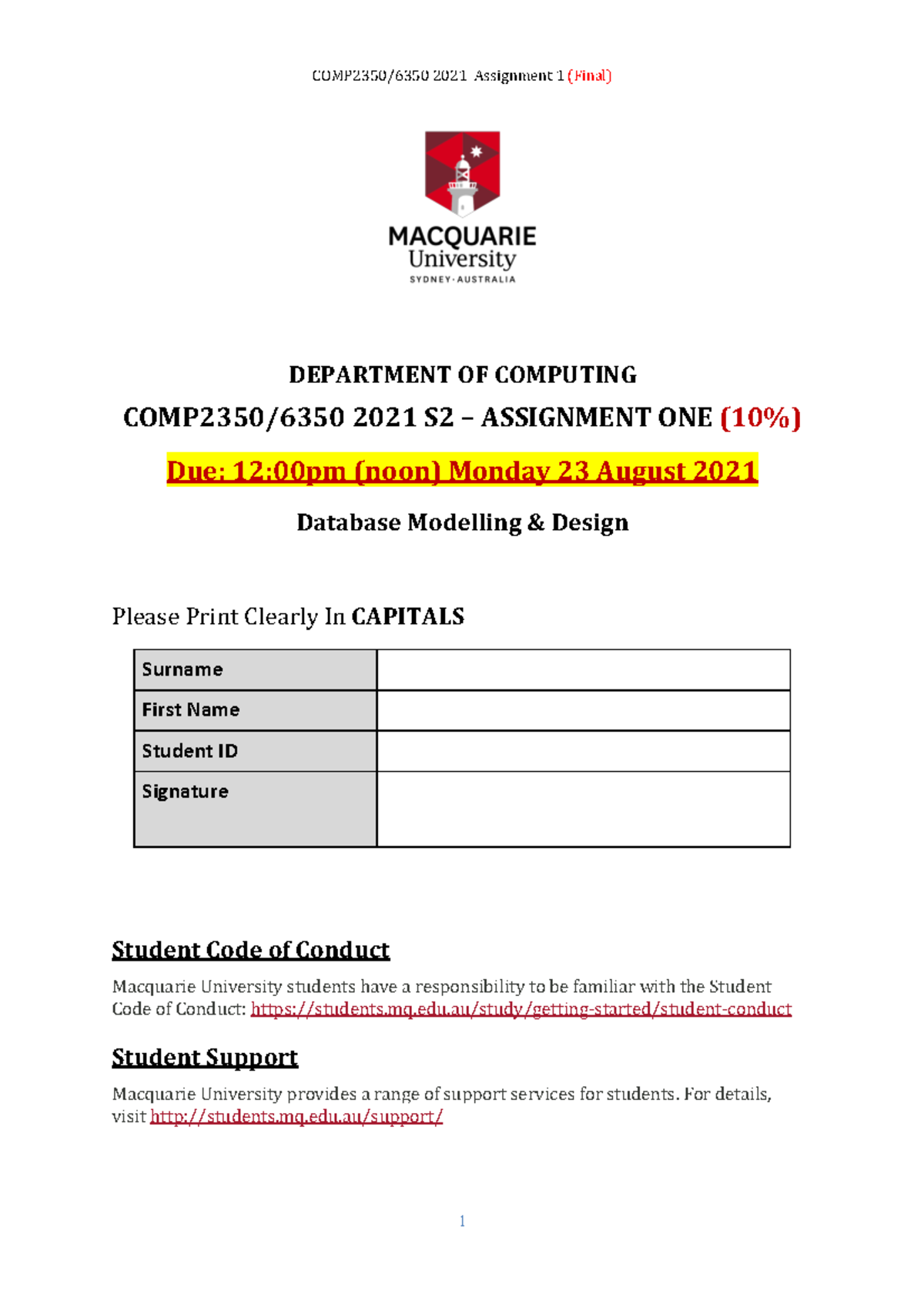 Comp2350 2021 A1 final - DEPARTMENT OF COMPUTING COMP2350/6350 2021 S2 ...