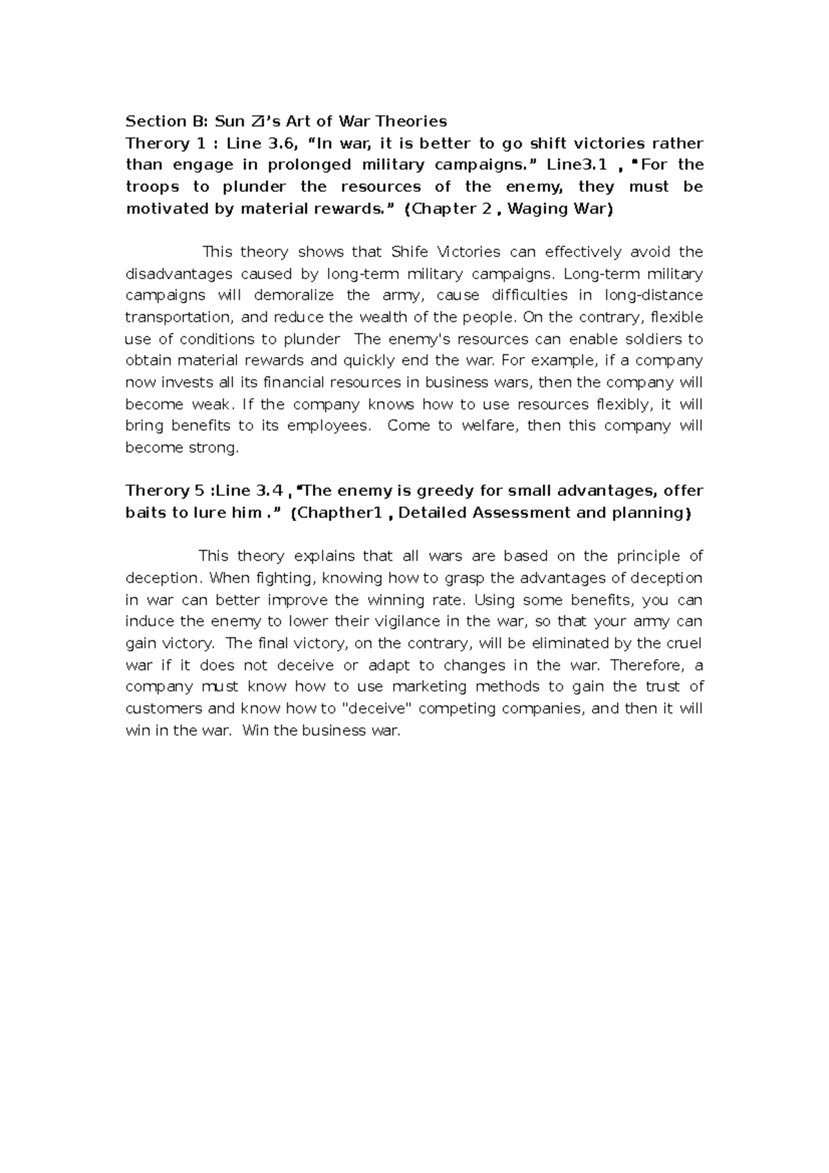 sun zi art of war - Section B: Sun Zi’s Art of War Theories Therory 1 ...