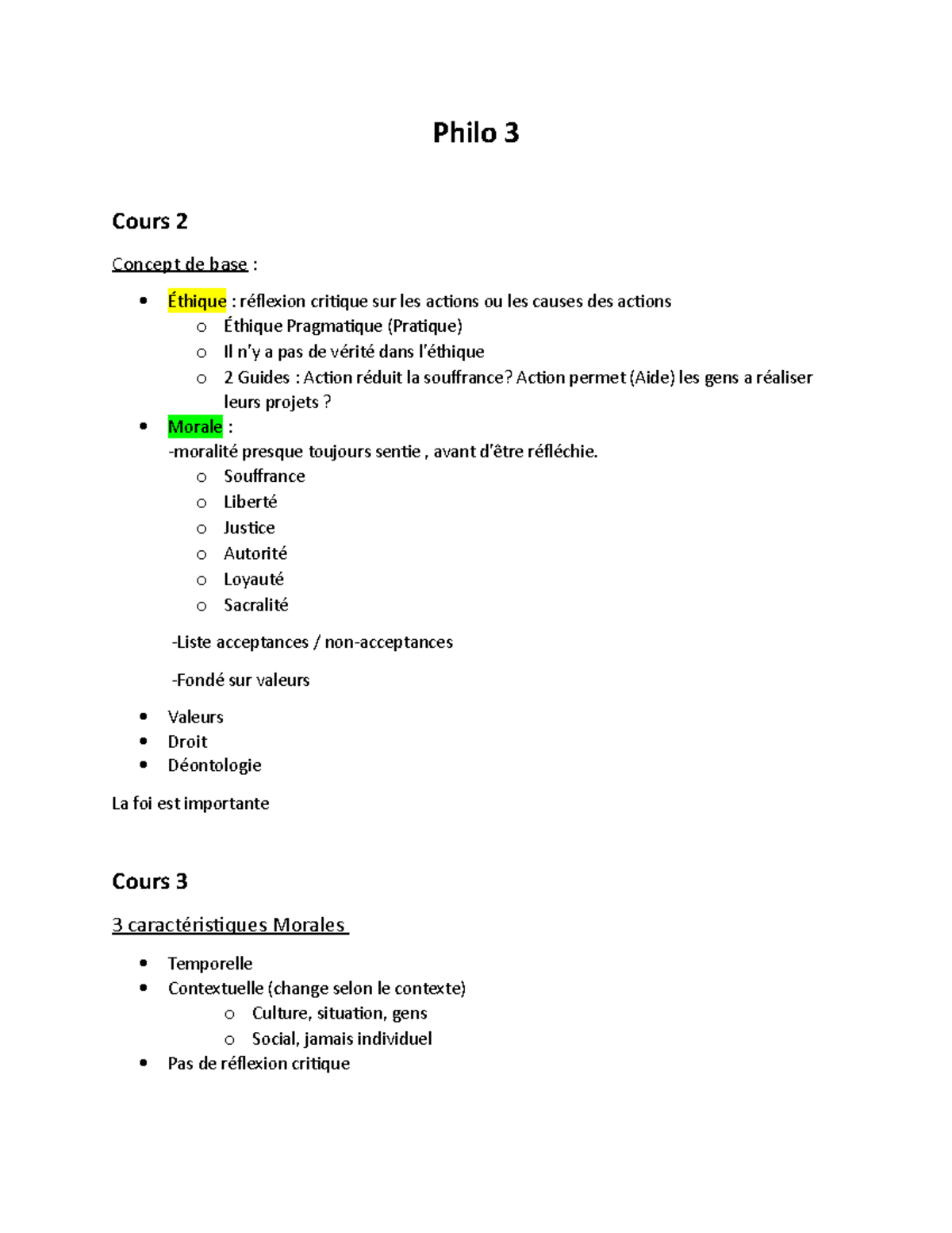 Philosophie 3 - Note de lecture - Philo 3 Cours 2 Concept de base : Éthique : réflexion critique ...