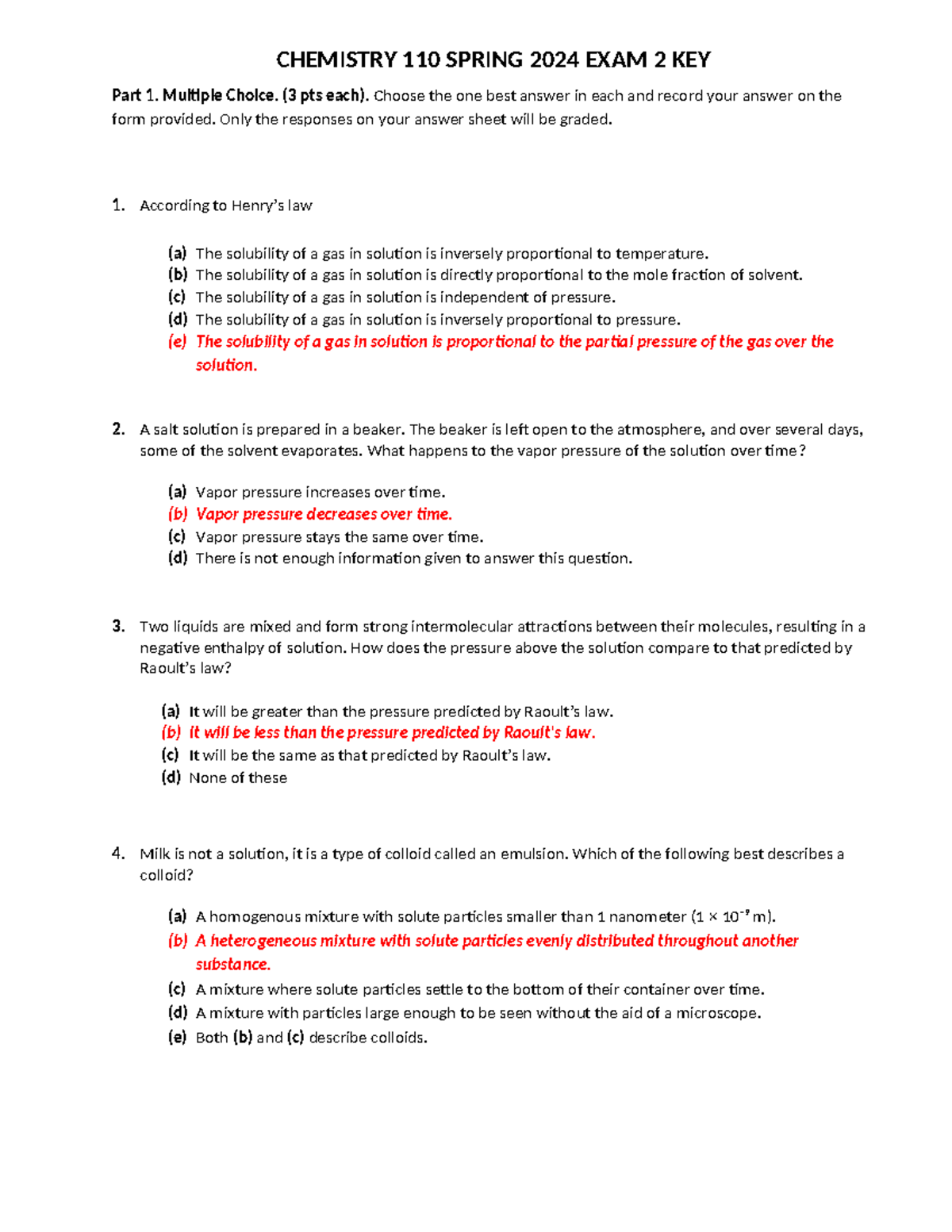 CHEM 110 Spring 2024 Exam 2 GOLD KEY - Part 1. Multiple Choice. (3 pts ...
