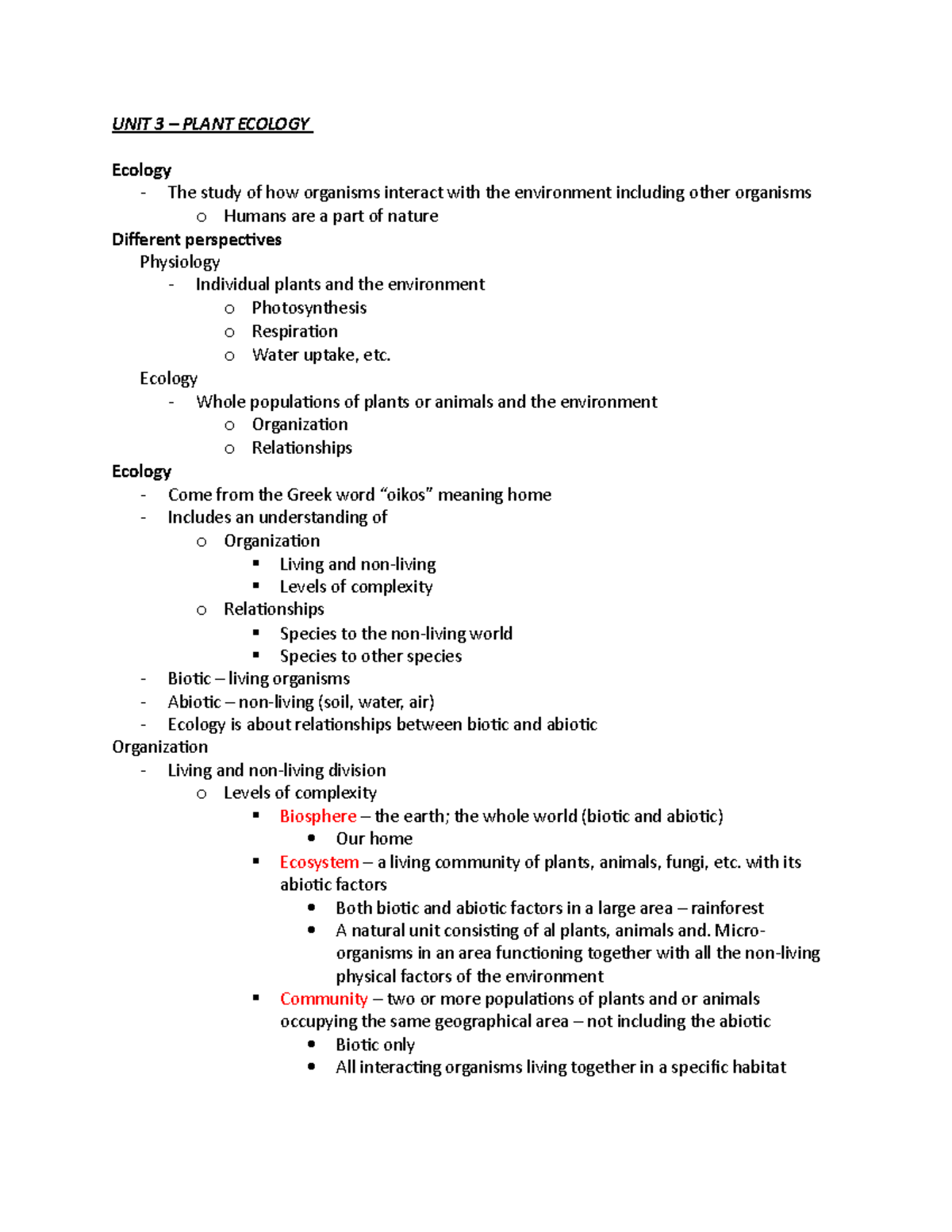 Botany Unit 3 - Ecology - UNIT 3 – PLANT ECOLOGY Ecology - The study of ...