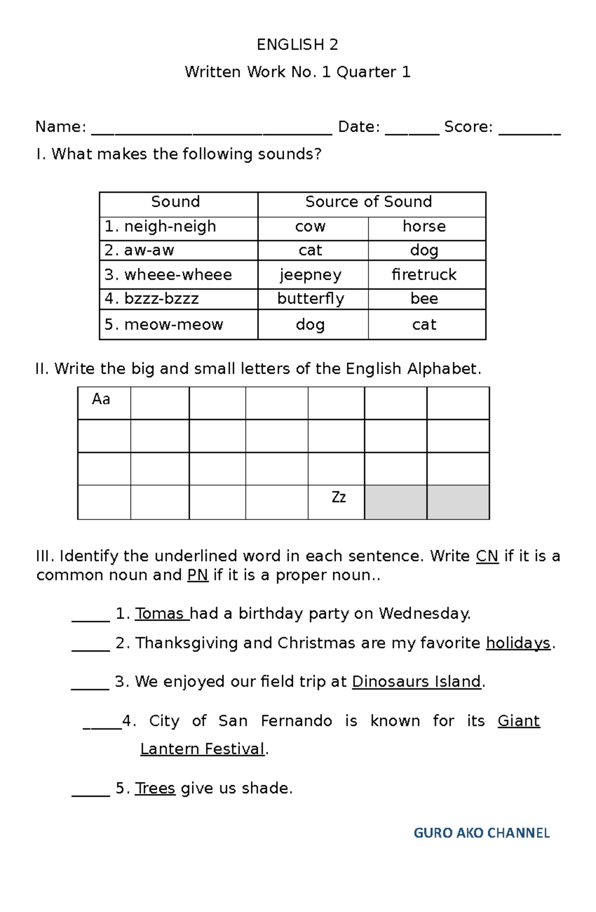 ST English 2 NO - Teaching Materials - ENGLISH 2 Written Work No. 1 ...