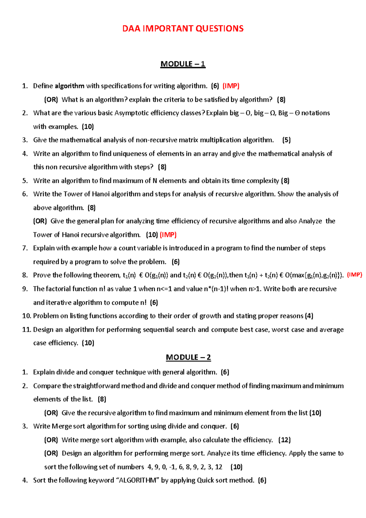 DAA important questions - DAA IMPORTANT QUESTIONS MODULE – 1 Define algorithm with ...